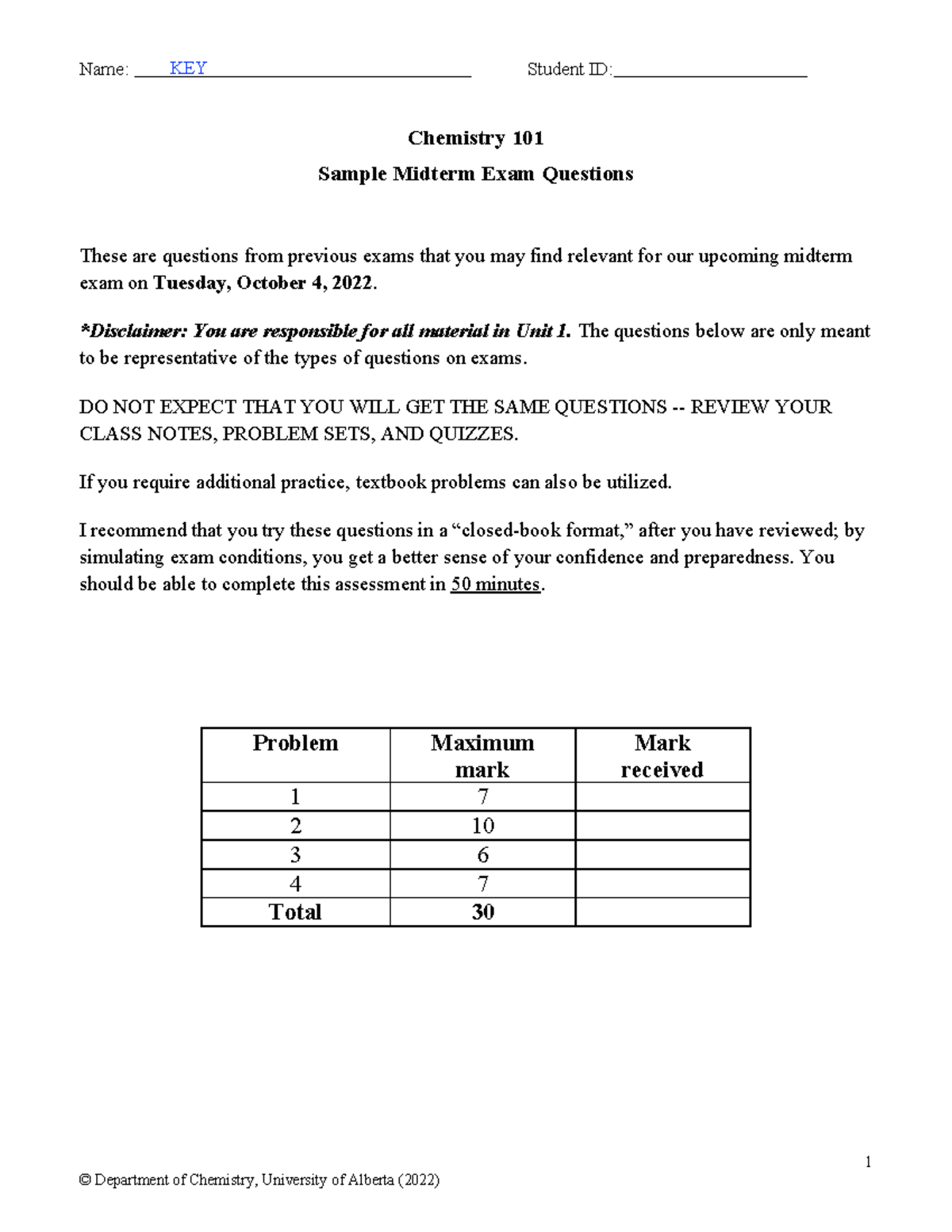 Sample Midterm Exam (Key) - Name: Student ID: 1 Chemistry 101 Sample ...