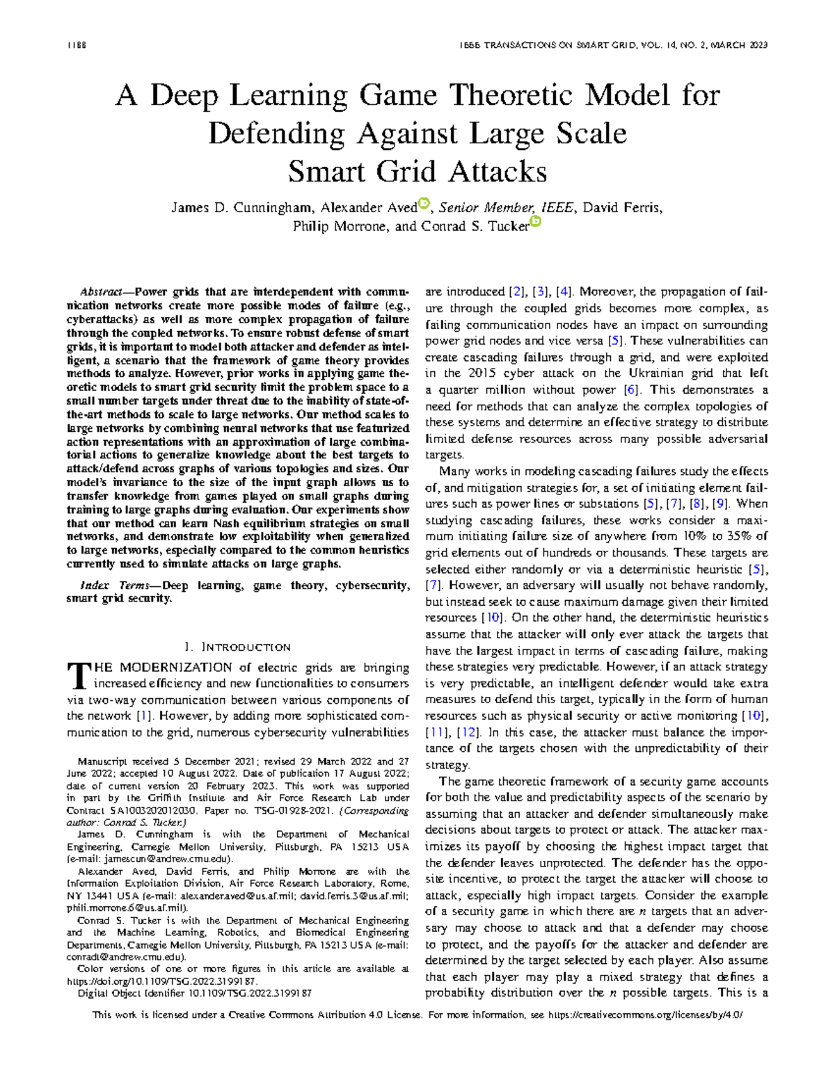A Deep Learning Game Theoretic Model For Defending Against Large Scale Smart Grid Attacks 1188