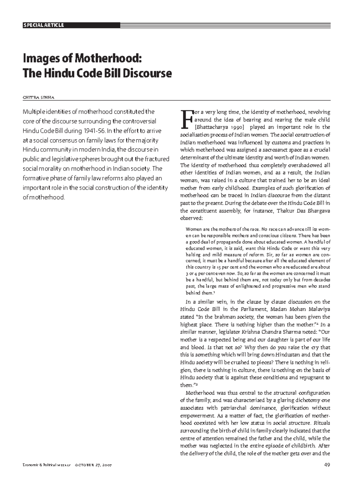 Hindu Code Images of Motherhood The Hindu Code Bill Discourse ...