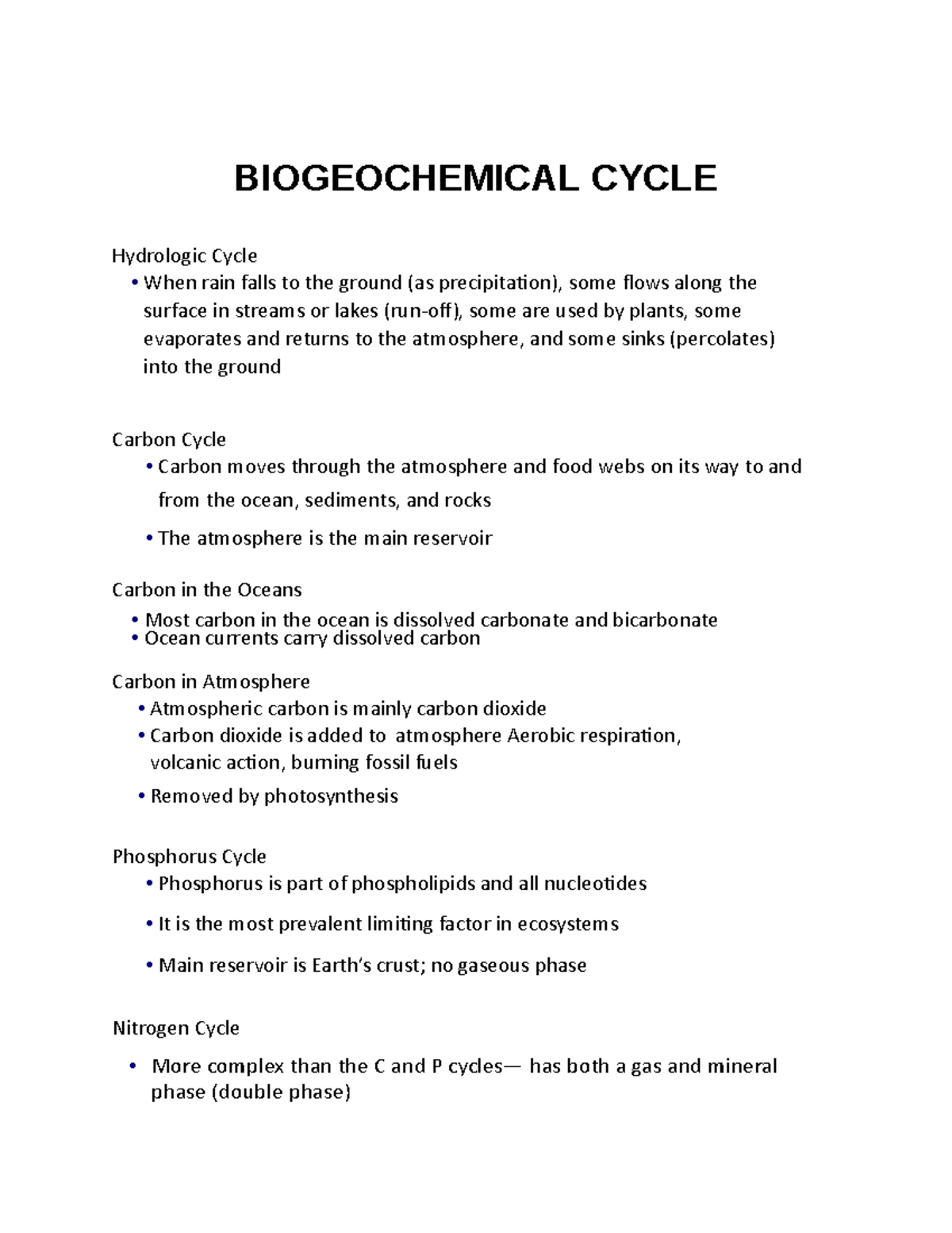 Biogeochemical Cycle Summary - BIOGEOCHEMICAL CYCLE Hydrologic Cycle ...