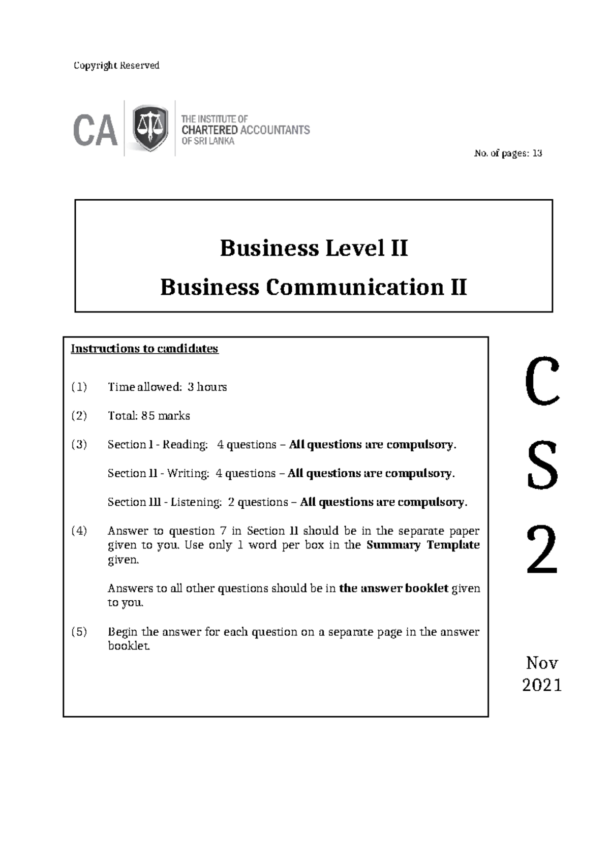 CS2 Nov21-Final - Final Exam Questions - Copyright Reserved No. of ...