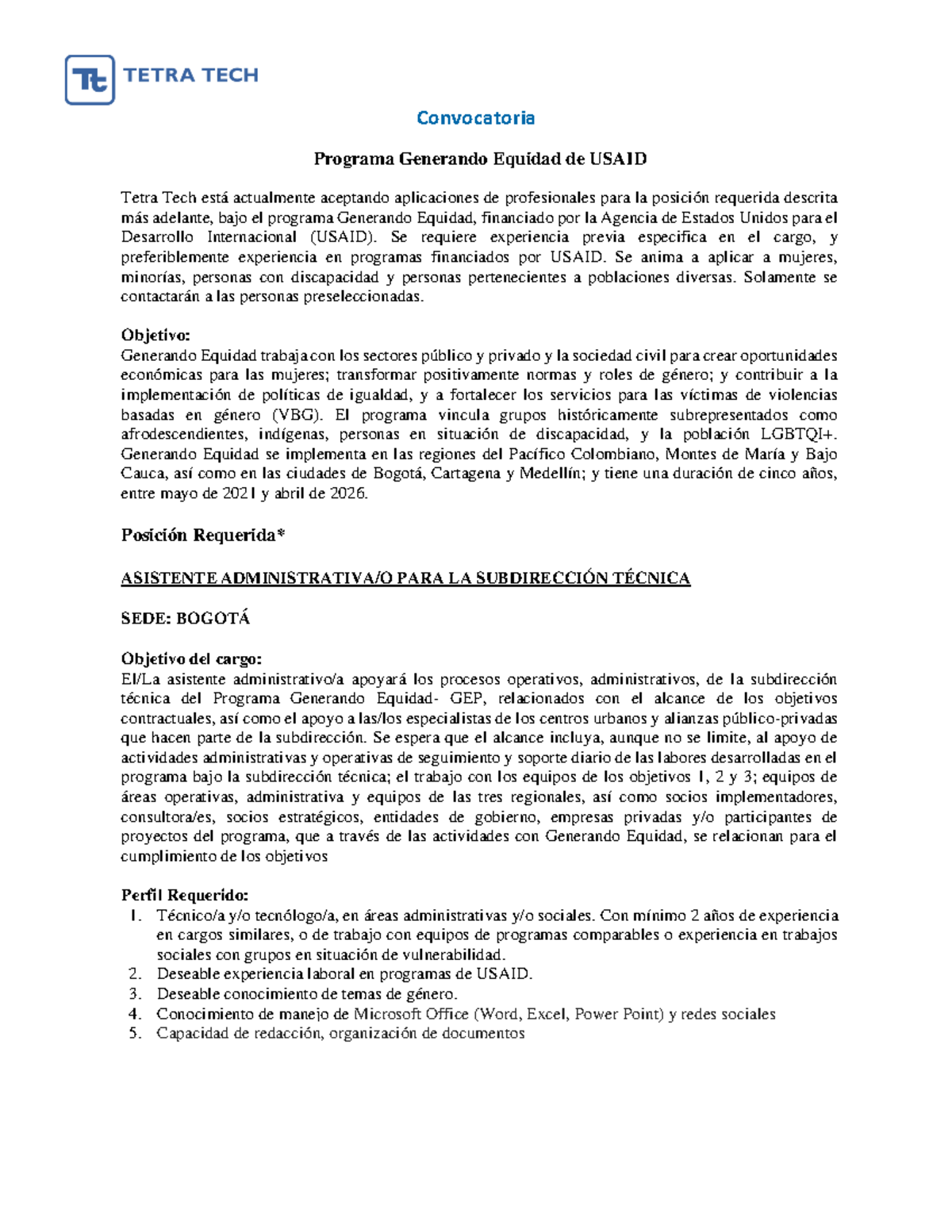 Asistente Administrativa O Subdirecci N T Cnica 1708119376 - Convocatoria Programa Generando ...