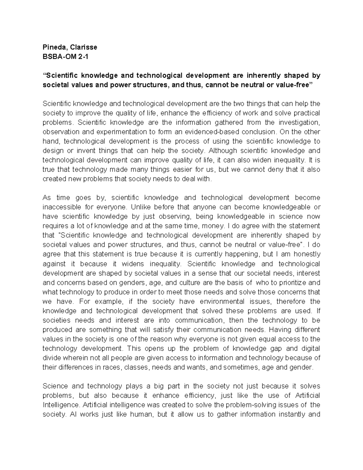 STS ACT 1. (new) - activity - Pineda, Clarisse BSBA-OM 2- “Scientific ...