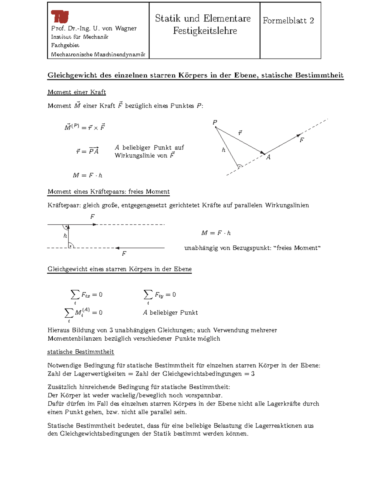 Formelblatt 02modifiziert - Statik und Elementare Formelblatt 2 Prof ...