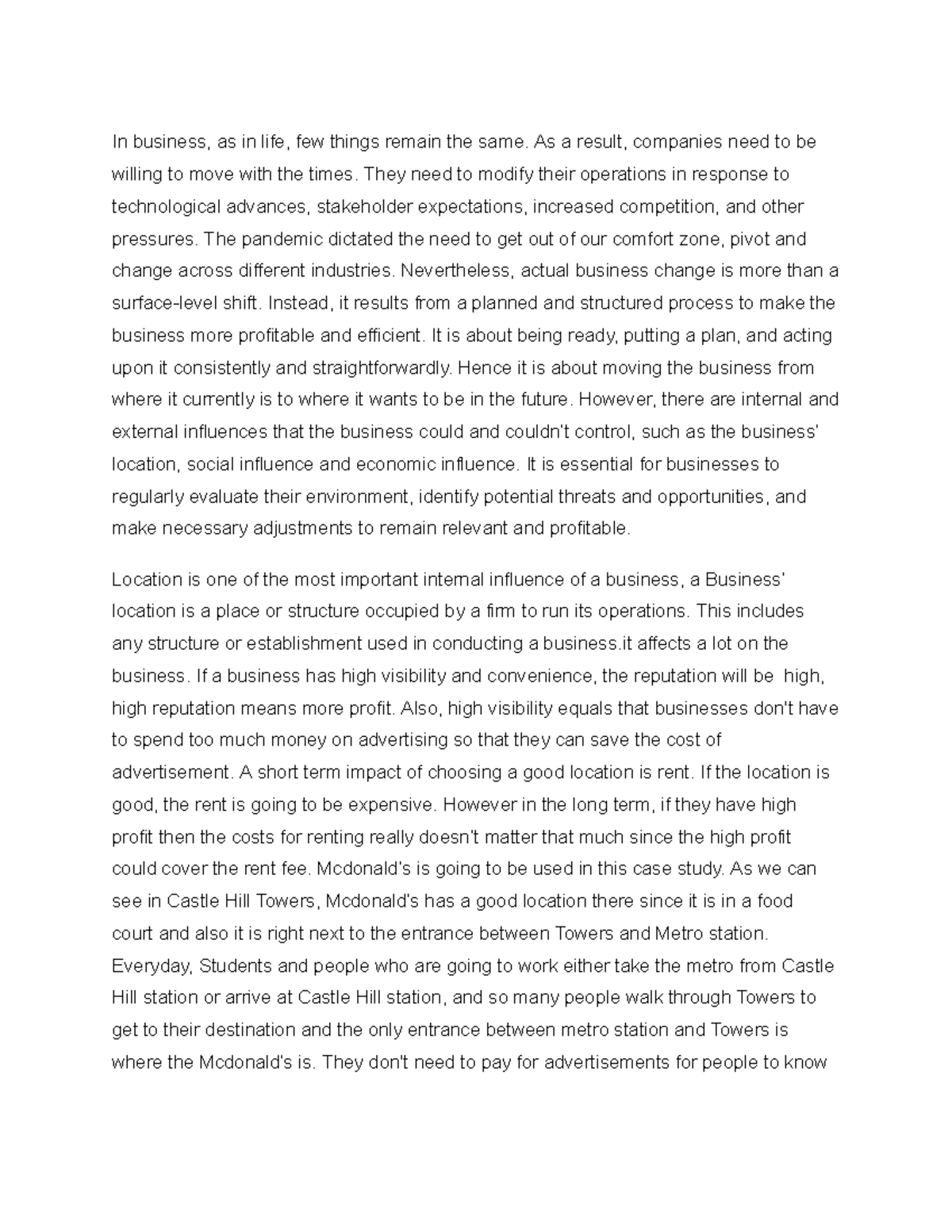Buisness Studies - Business Essay analyzing the main reason of a ...