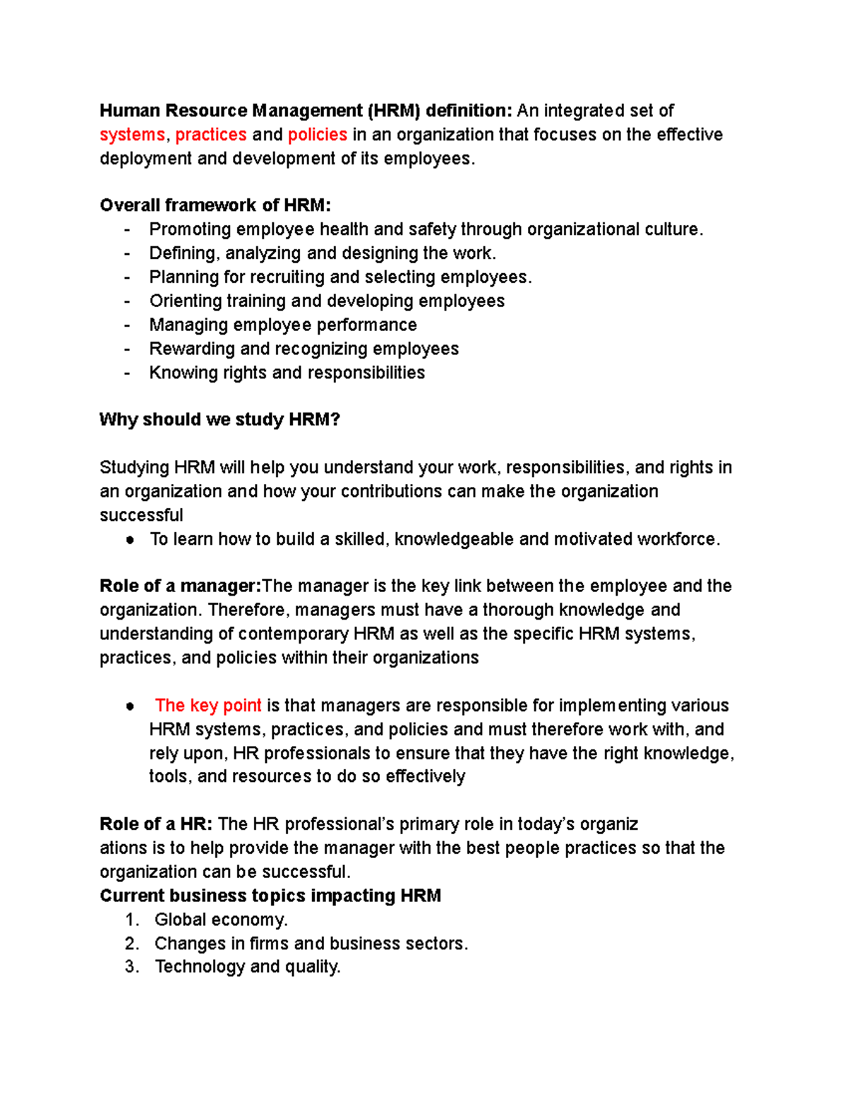 Hrm ch 1 class notes - Human Resource Management (HRM) definition: An ...