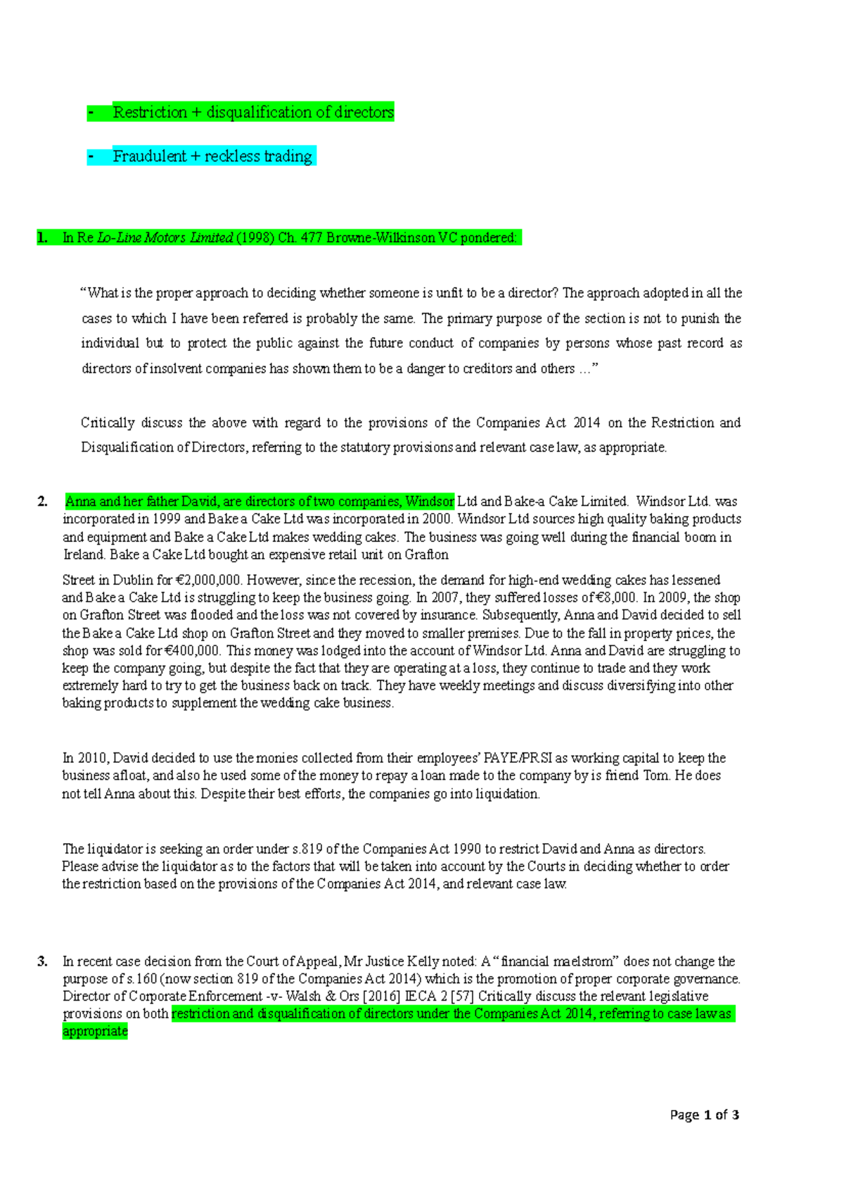 Company LAW PAST EXAM Papers - Restriction + disqualification ...