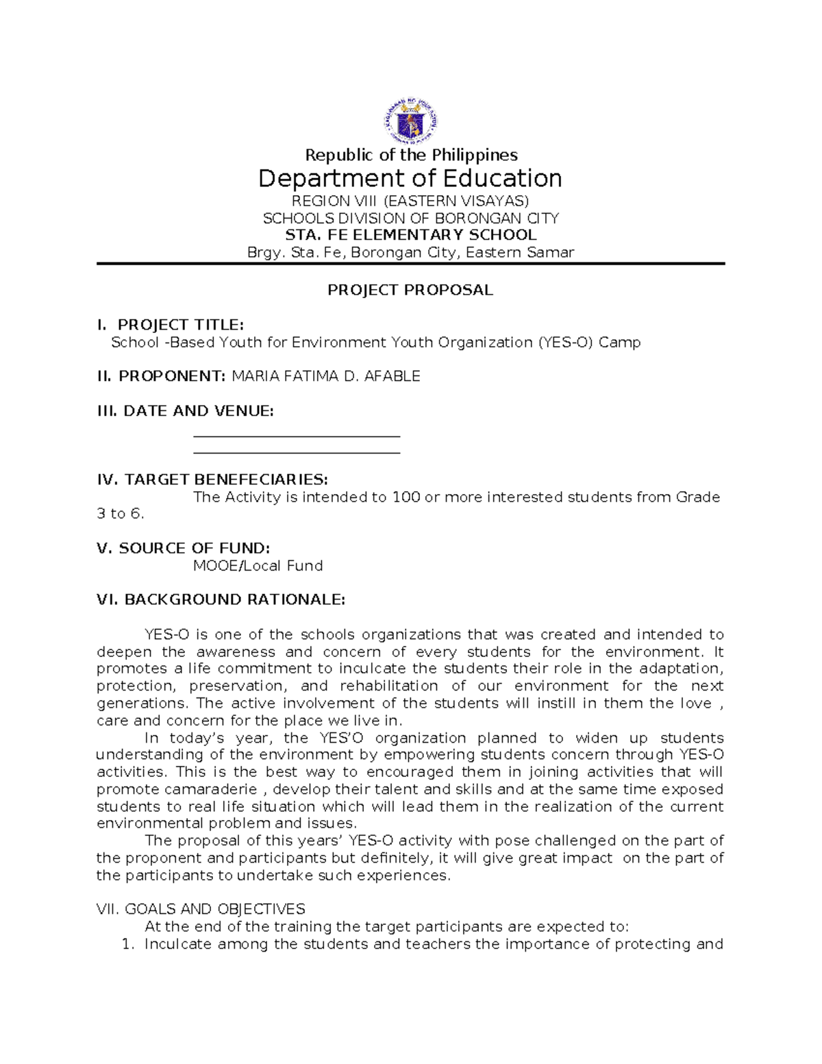YES-O Project Proposal - Republic of the Philippines Department of Education REGION VIII ...