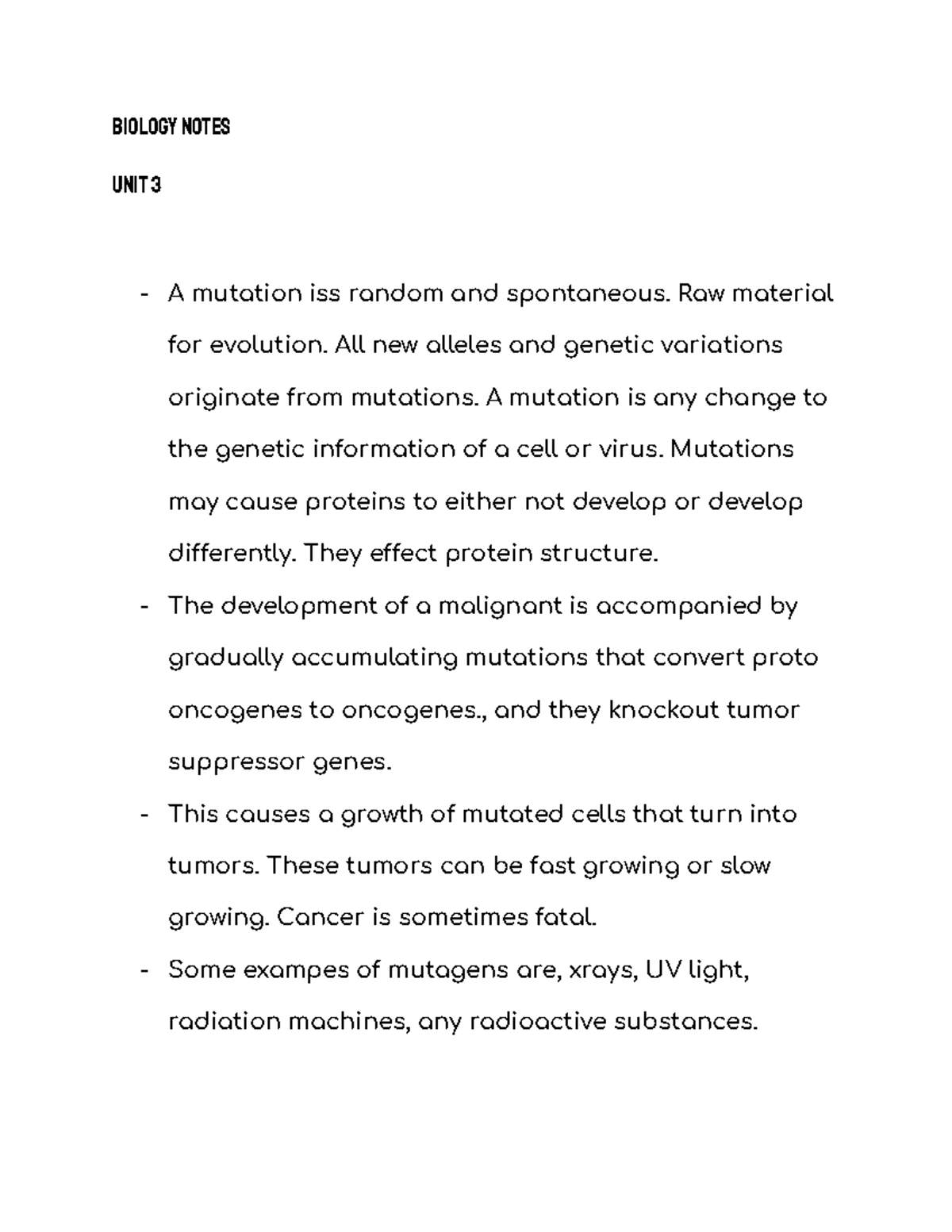 3.0 notes - Biology Notes Unit 3 A mutation iss random and spontaneous ...