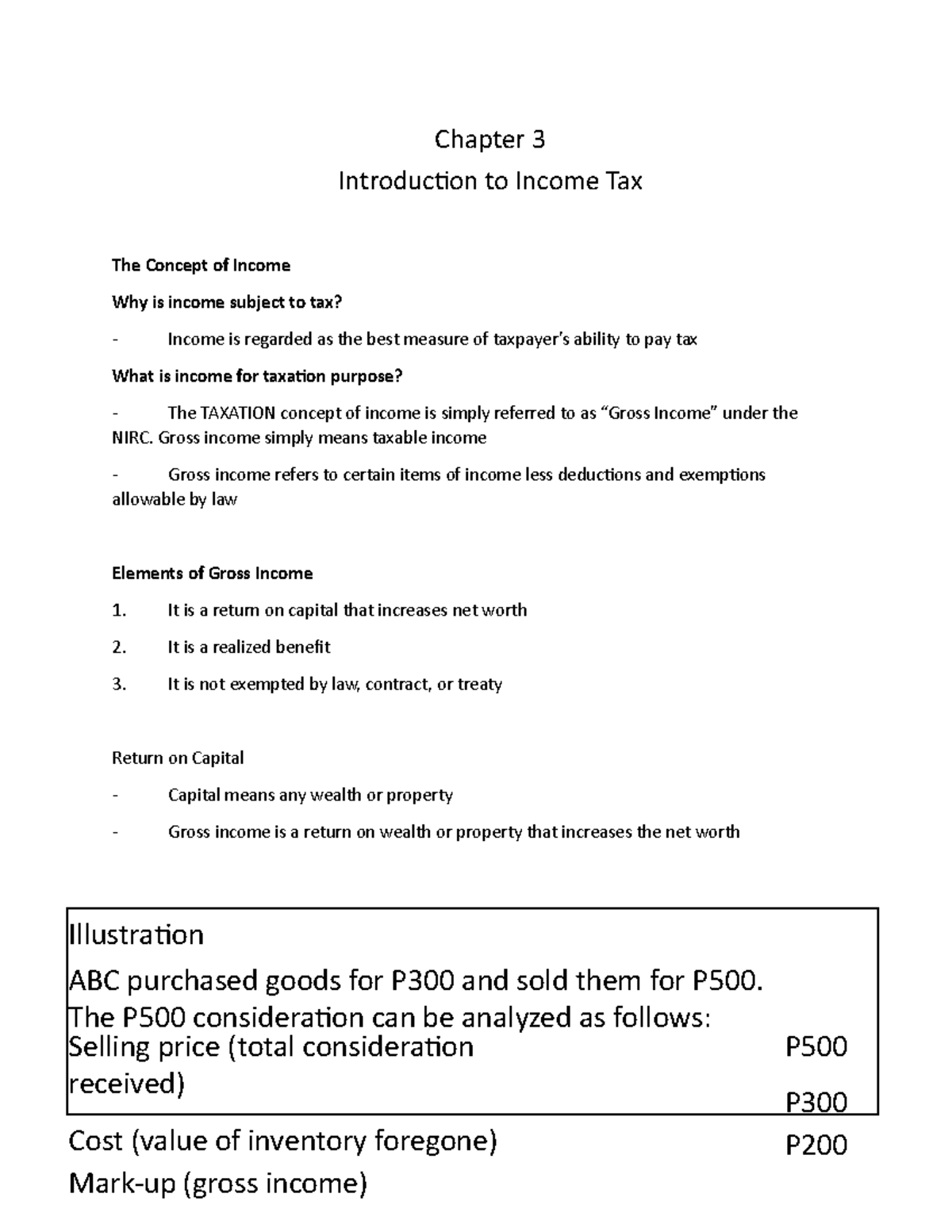 Chapter 3 ntroduction to Income Tax - Illustration ABC purchased goods for P300 and sold them ...