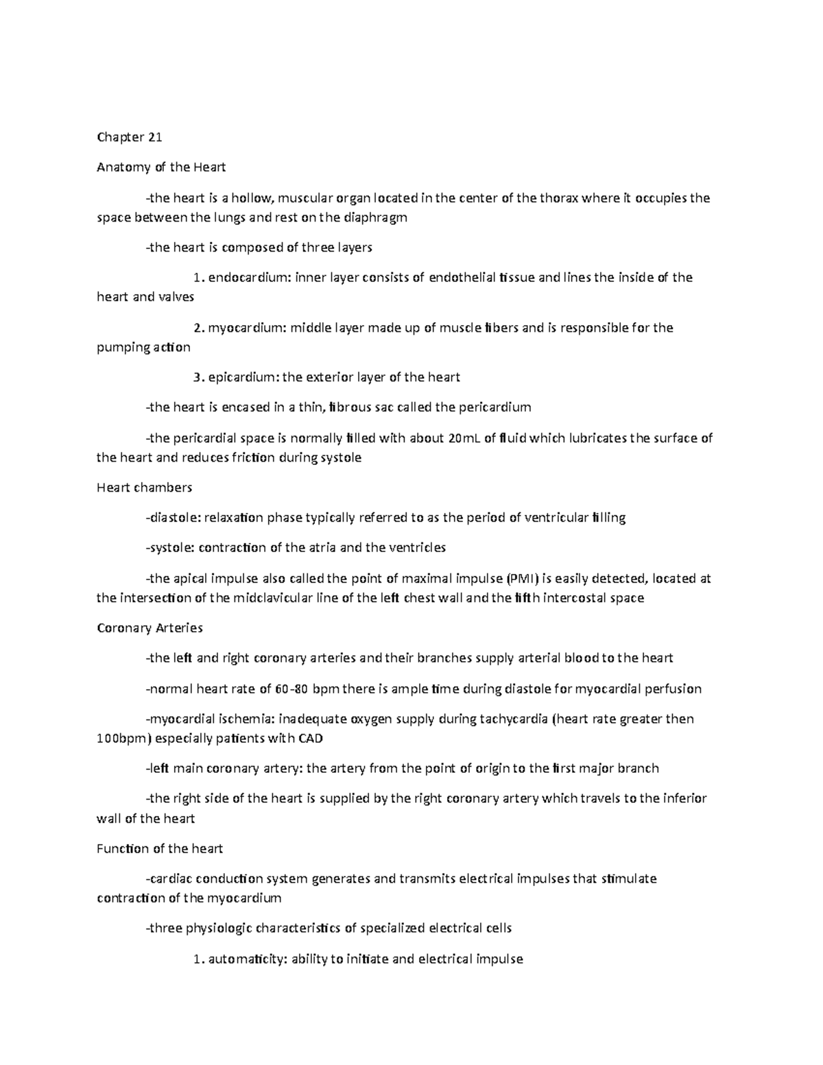 Med surg 1 outline - chapter 21 cardiac notes - Chapter 21 Anatomy of ...