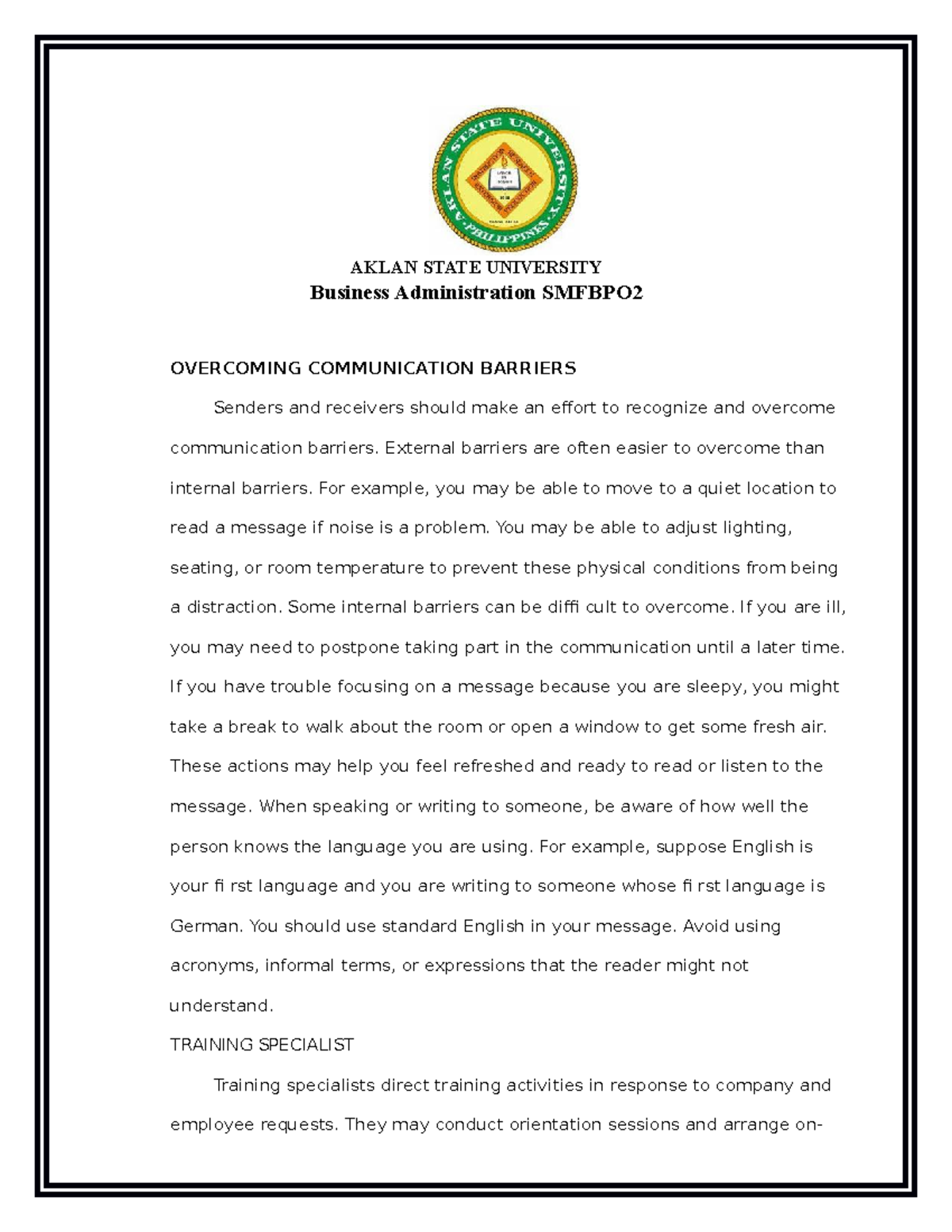 Overcoming Communication Barriers - AKLAN STATE UNIVERSITY Business ...