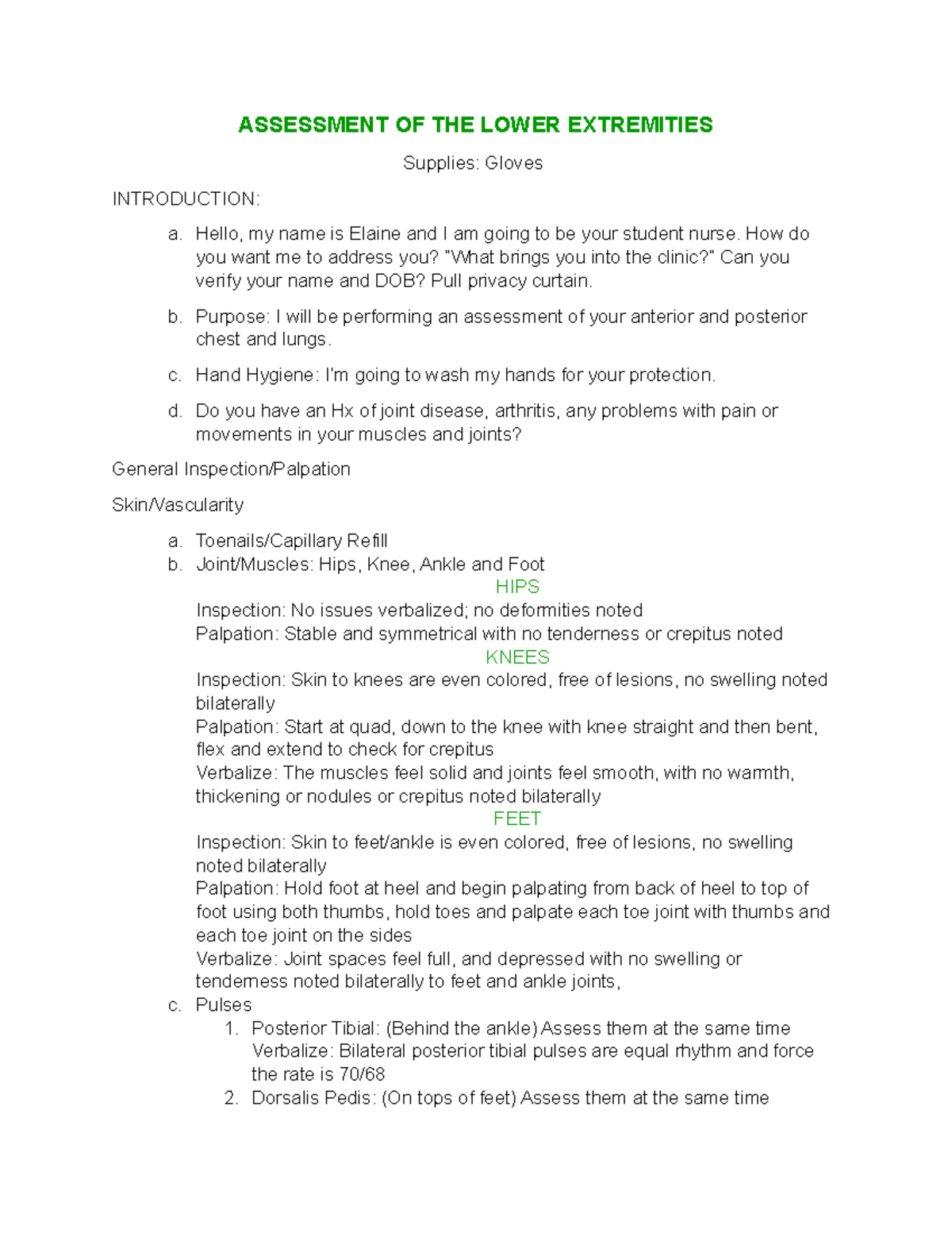 Assessment OF THE Lower Extremities - ASSESSMENT OF THE LOWER ...