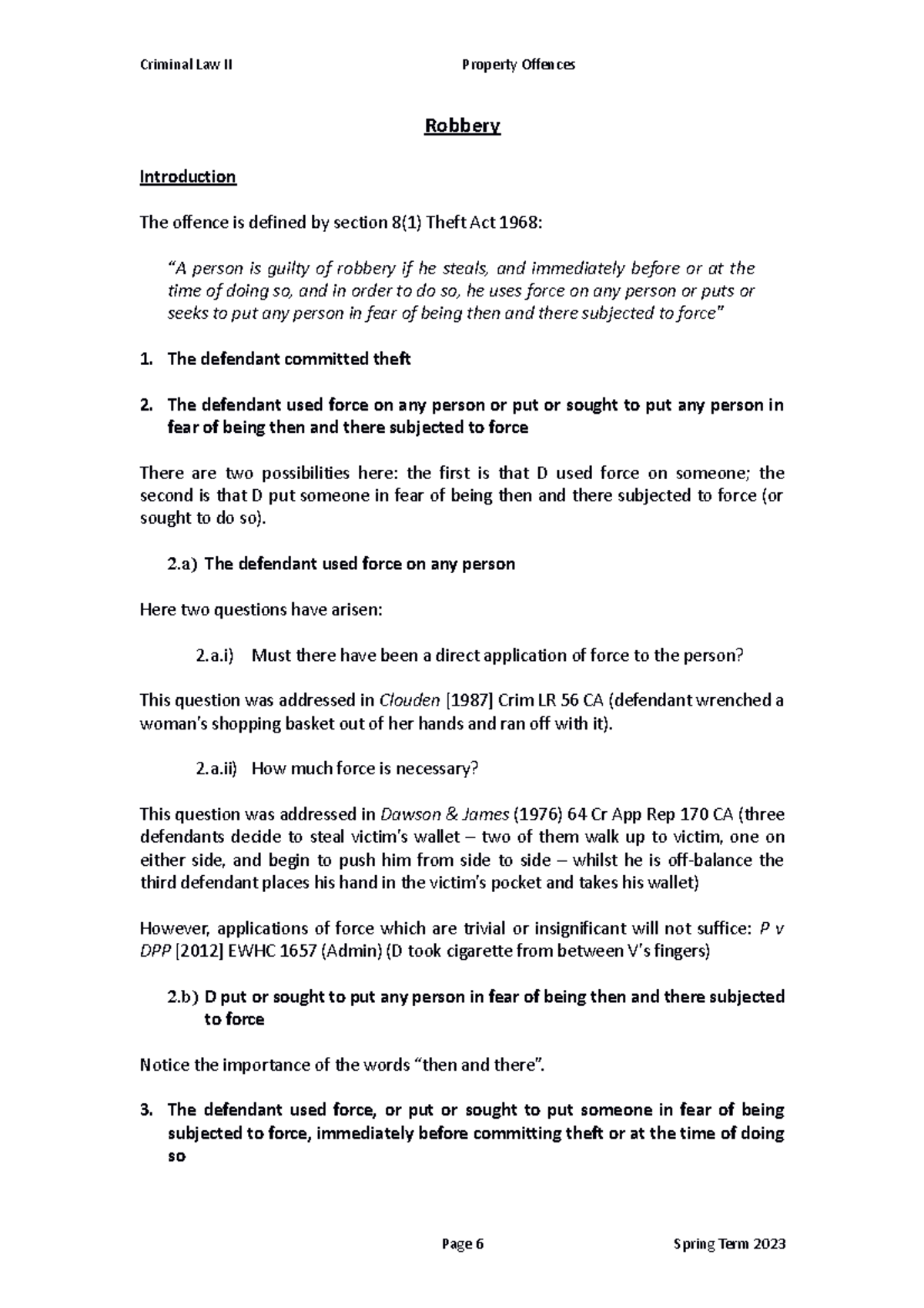 Robbery - handout - Criminal Law II Property O昀昀ences Robbery ...