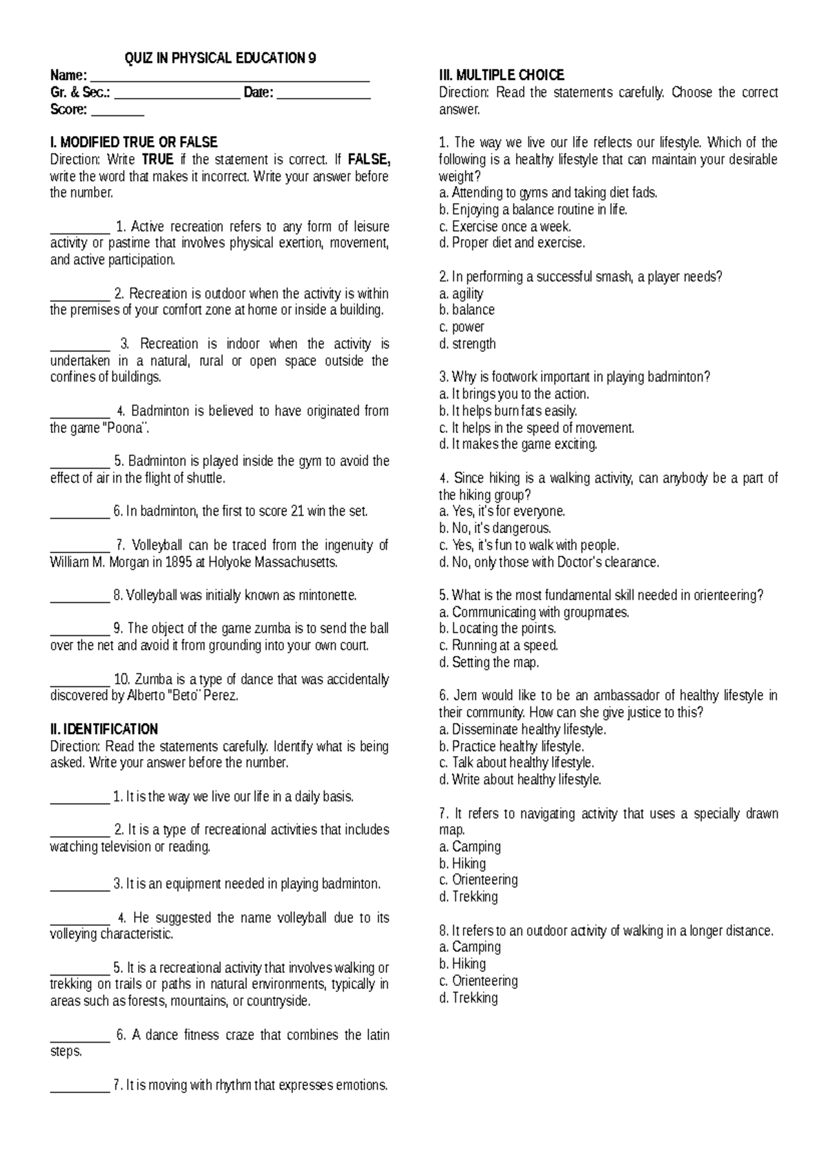 Summative PE& Health 9 - Short quiz - QUIZ IN PHYSICAL EDUCATION 9 Name ...