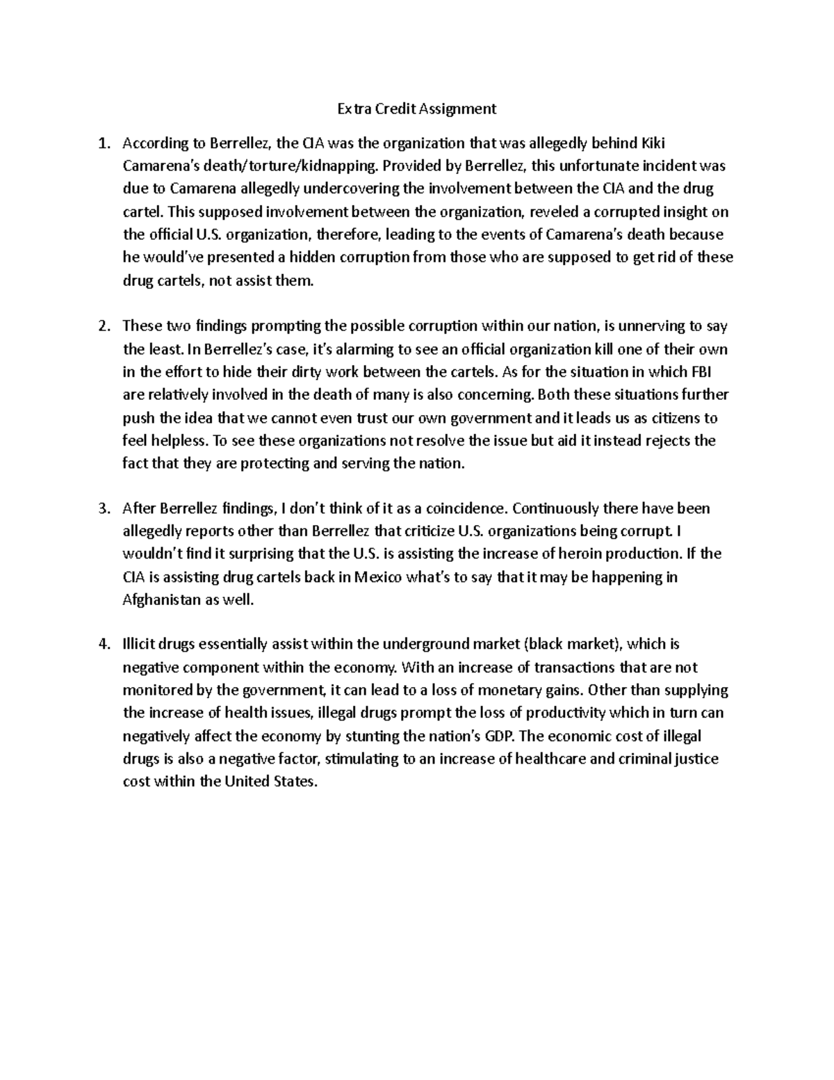 Extra Credit Assignment on Kiki Camarena incident and impact of illegal ...