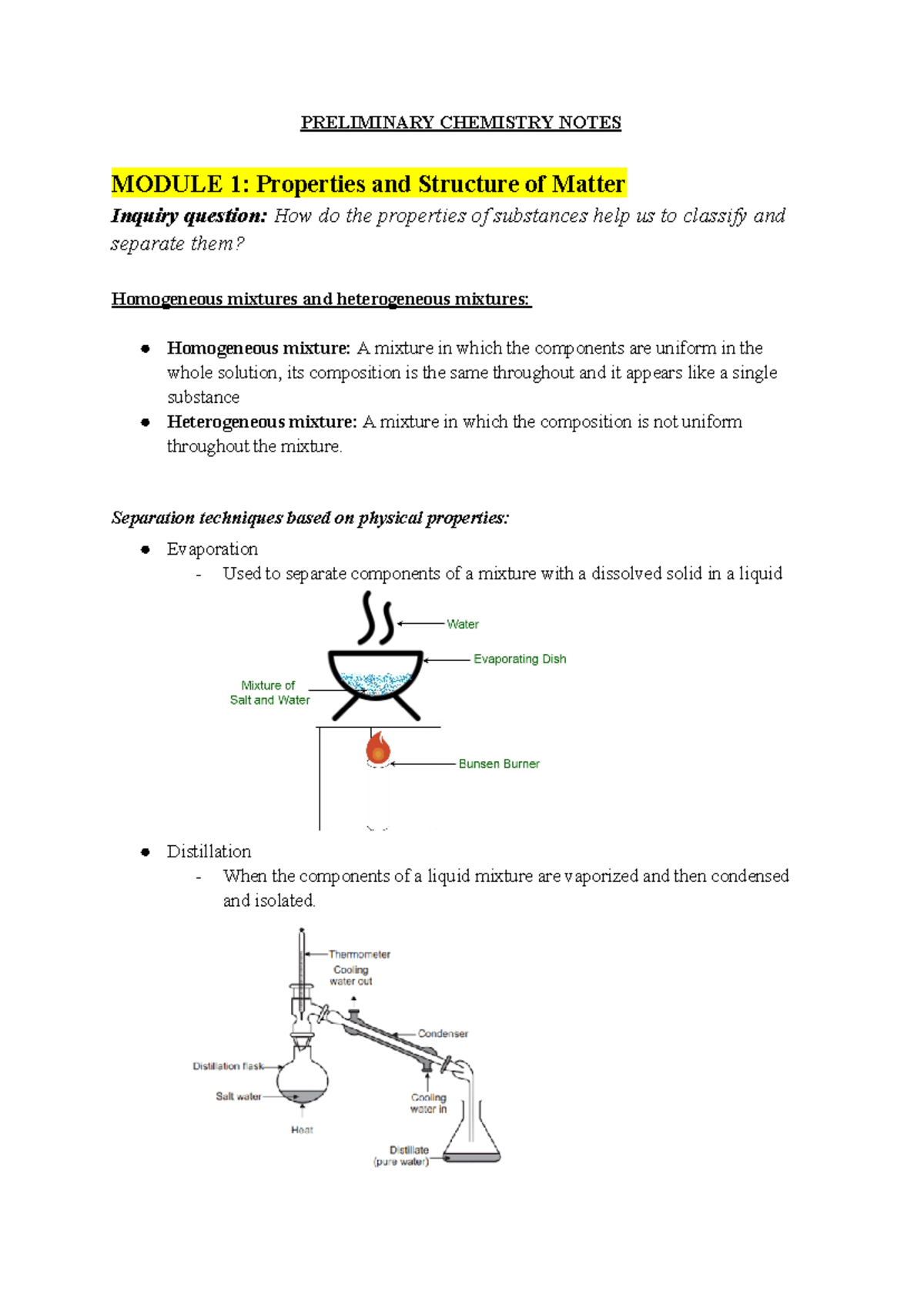 Module 1 Summary Notes - PRELIMINARY CHEMISTRY NOTES MODULE 1 ...