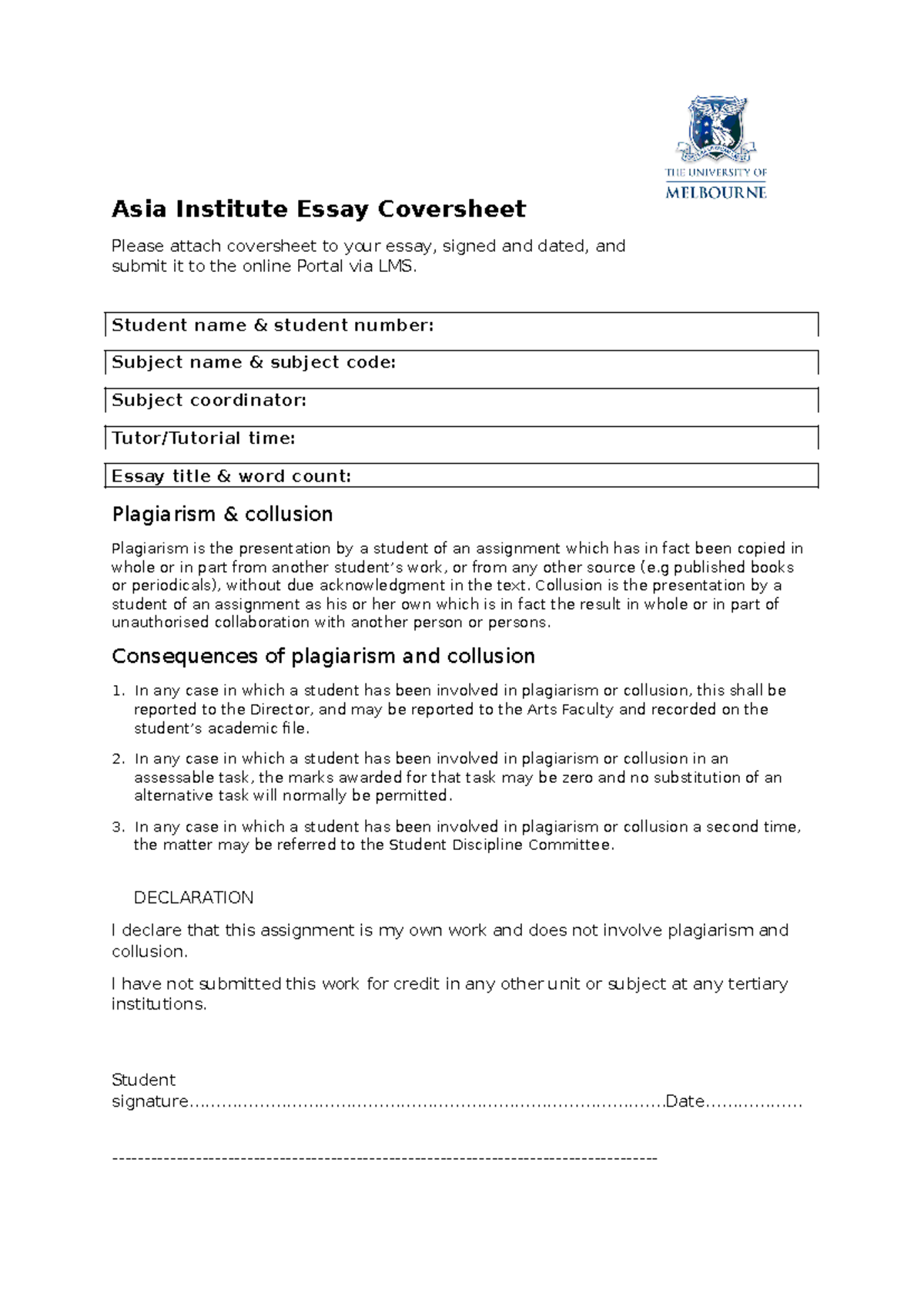Assignment 1 template - Asia Institute Essay Coversheet Please attach ...