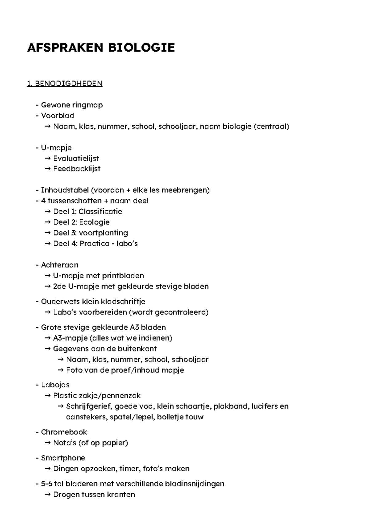Afspraken biologie - AFSPRAKEN BIOLOGIE 1. BENODIGDHEDEN Gewone ringmap ...