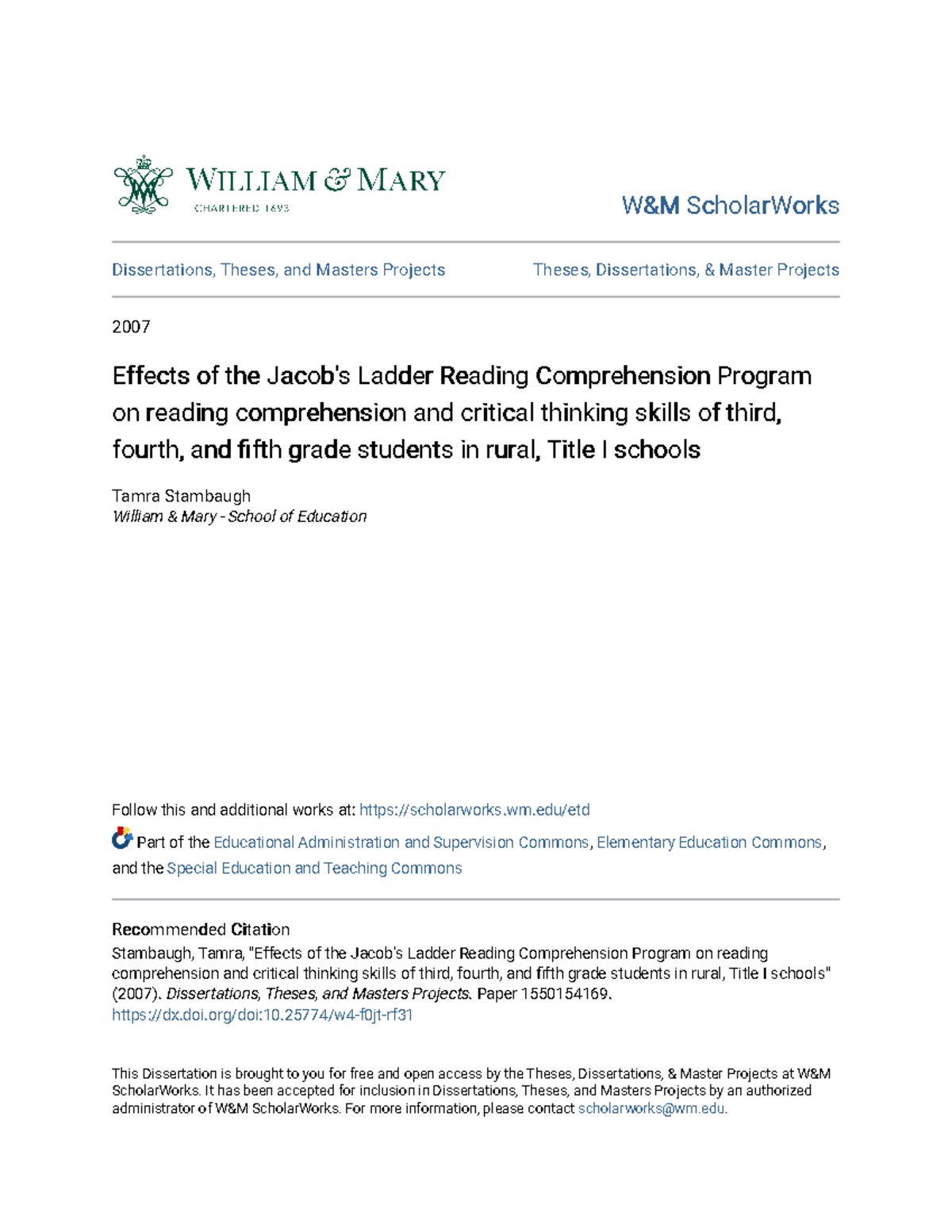 Effects of the Jacobs Ladder Reading Comprehension Program on re - W&M ...
