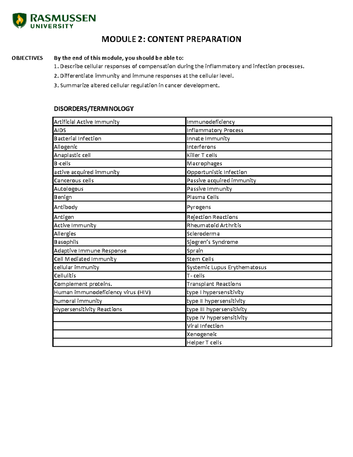 Module 2 Patho - Use this to guide your studies - OBJECTIVES By the end ...