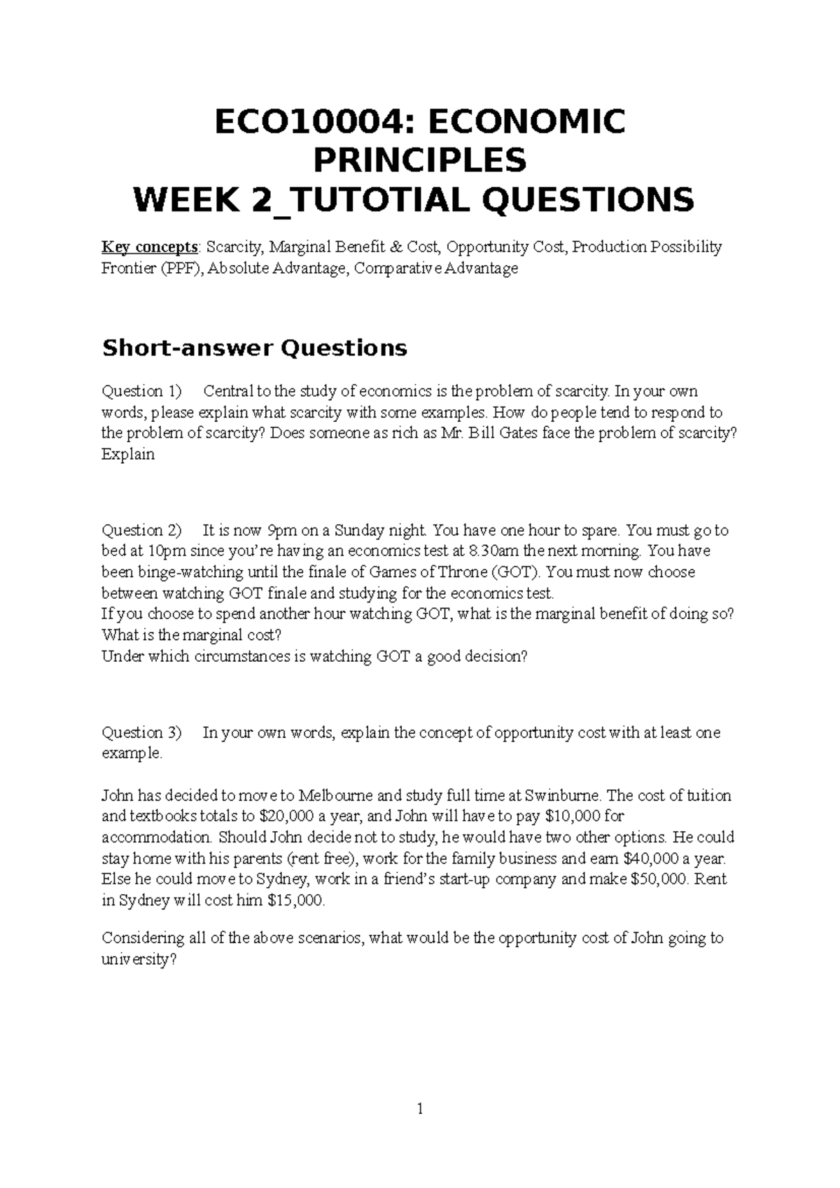Week 2 Tutorial Questions Eco10004 Economic Principles Week 2tutotial Questions Key Concepts