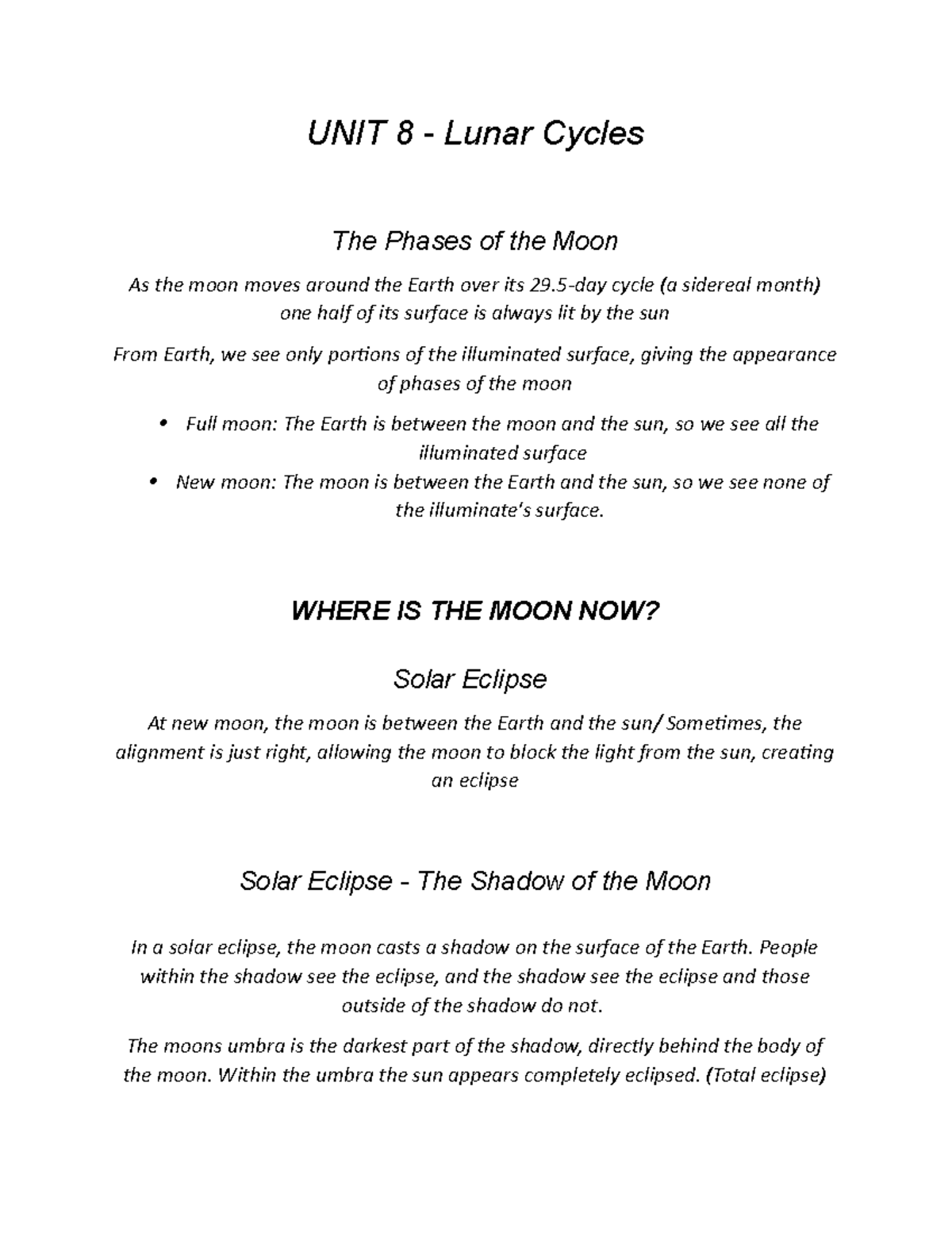 Descriptive Astronomy Unit 8 - UNIT 8 - Lunar Cycles The Phases of the ...
