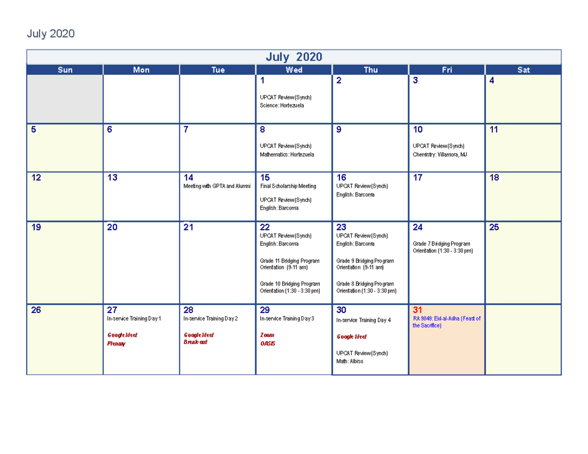 SY 2020-2021 Calendar (CID) - July 2020 July 2020 Sun Mon Tue Wed Thu ...