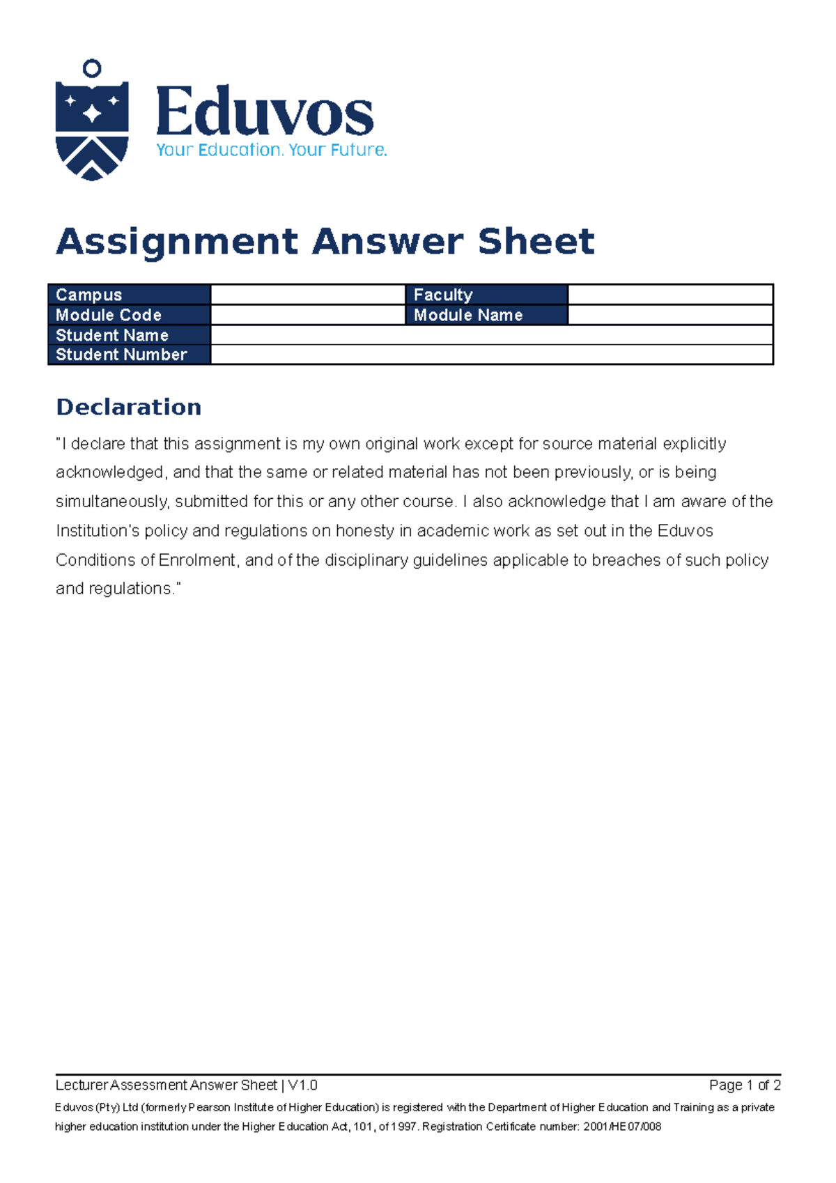 Lecturer Assessment Answer Sheet (V1.0) - Assignment Answer Sheet ...