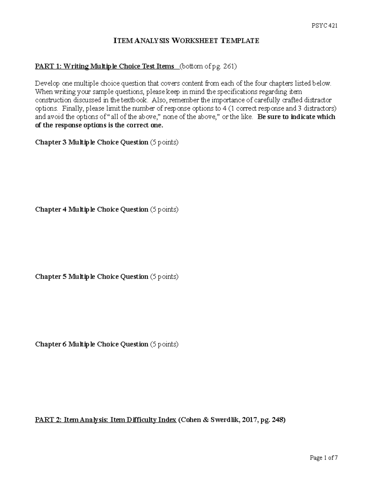 Item Development and Analysis Worksheet Template - ITEM ANALYSIS WORKSHEET TEMPLATE PART 1 ...