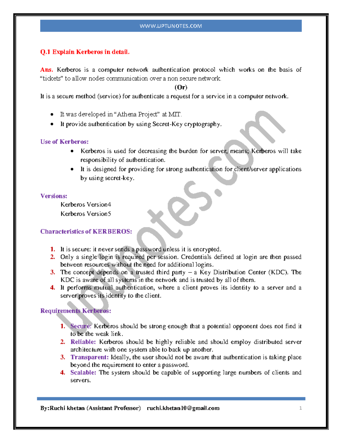 CNS-unit-4 - good - Q Explain Kerberos in detail. Ans. Kerberos is a computer network ...
