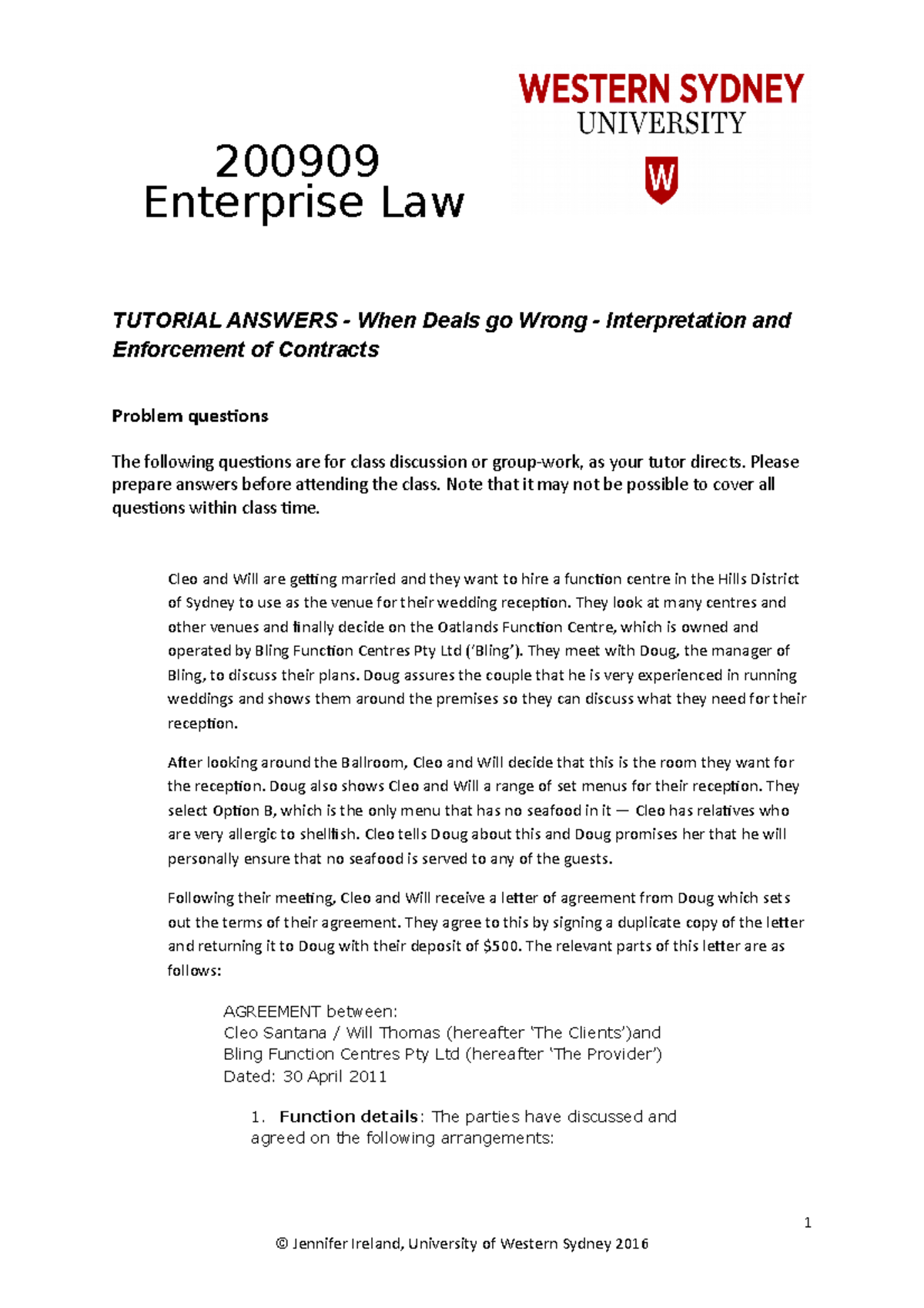 Tutorial Answers - Interpretation and Enforcement of Contracts-1 - 200909 Enterprise Law ...