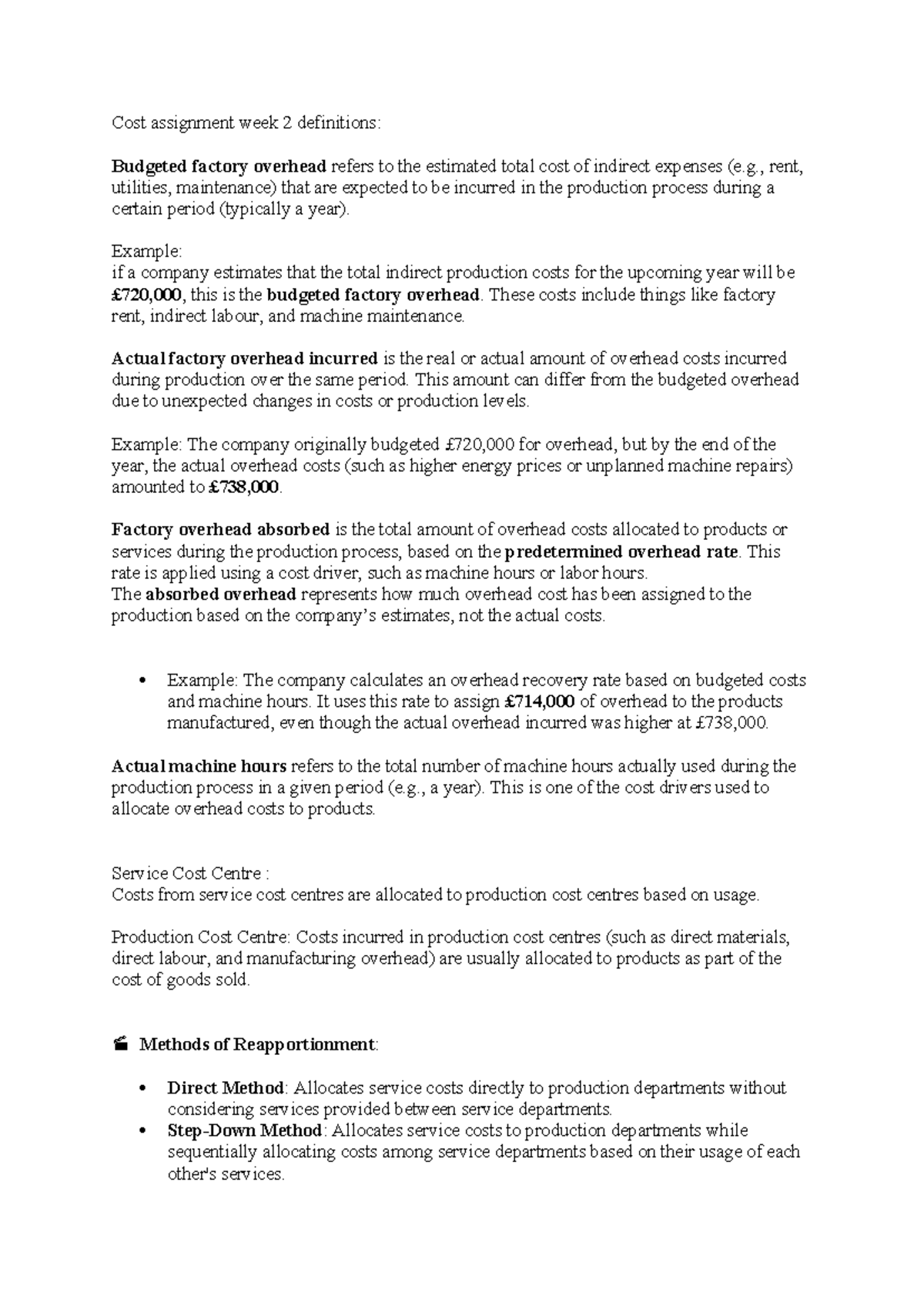 Cost assignment week 2 definitions - Cost assignment week 2 definitions ...