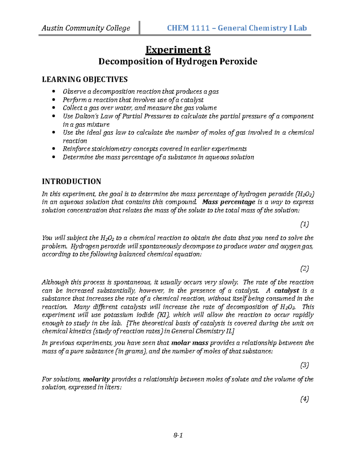Ex 8 Peroxide Decomposition - Experiment 8 Decomposition of Hydrogen ...