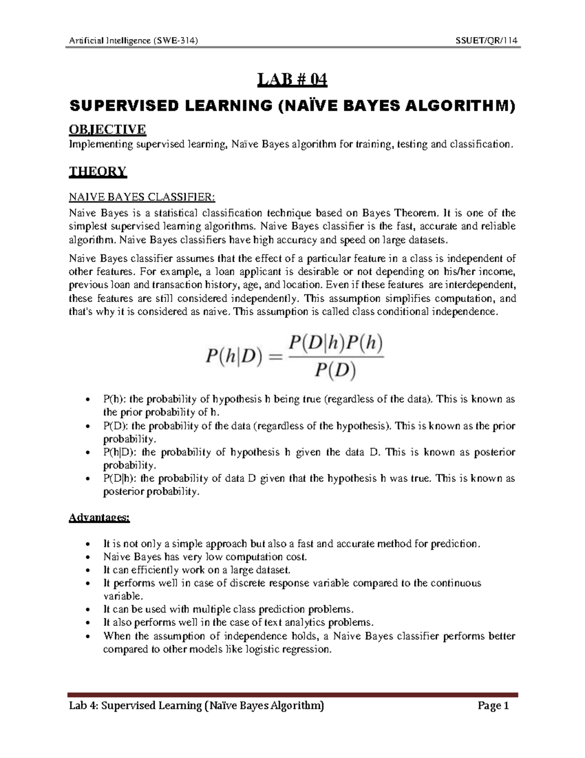 Lab4 - lab manual - LAB # 04 SUPERVISED LEARNING (NAÏVE BAYES ALGORITHM) OBJECTIVE Implementing ...