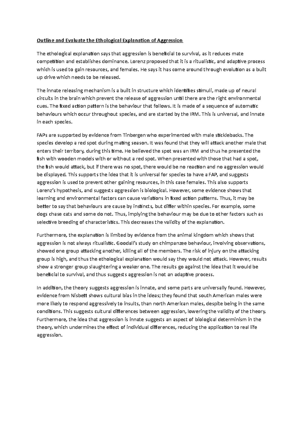 Outline and Evaluate the Ethological Explanation of Aggression - Lorenz ...
