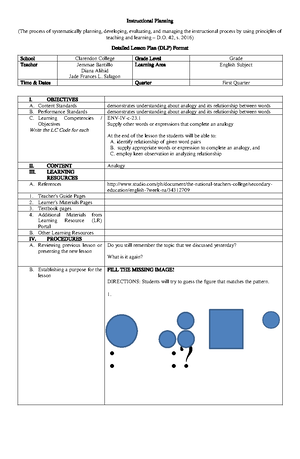 Detailed Lesson PLAN SIR Faust - Instructional Planning (The process of ...