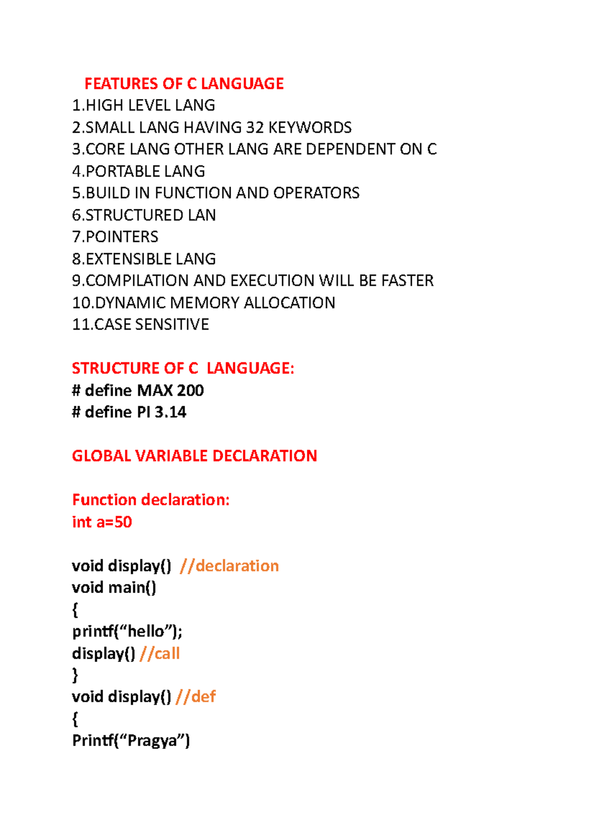 Features OF C Language - great - FEATURES OF C LANGUAGE 1 LEVEL LANG 2 LANG HAVING 32 KEYWORDS 3 ...