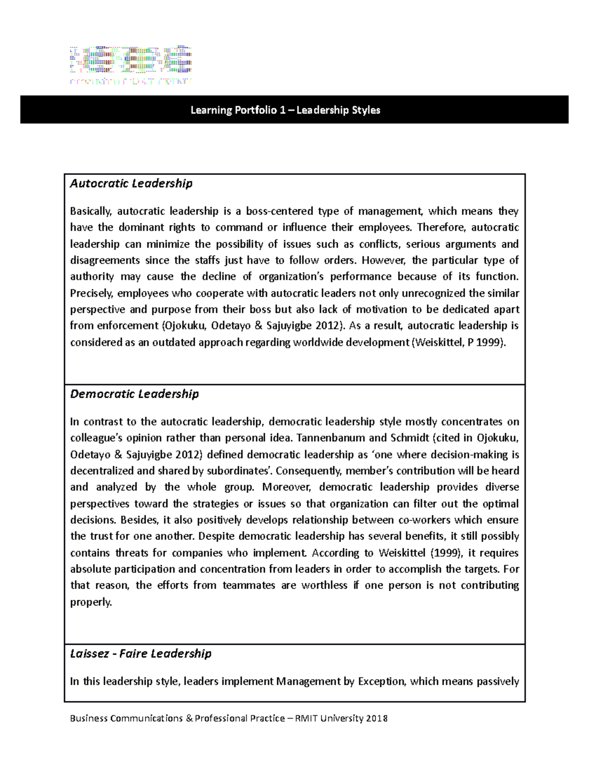 Learning Portfolio 1 - Leadership Styles - Learning Portfolio 1 ...