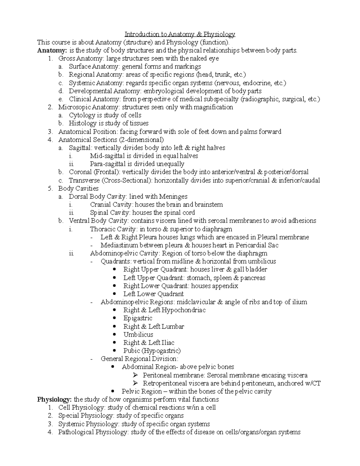 Introduction to Anatomy outline - Introduction to Anatomy & Physiology ...