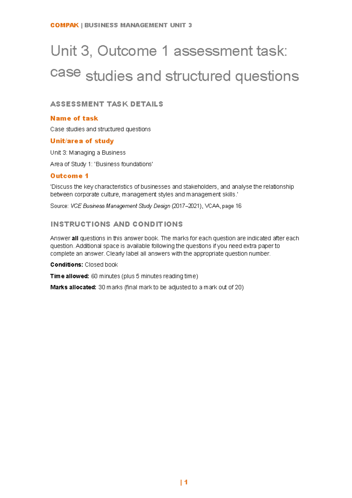 Busman prac sac 1 for VCE - Unit 3, Outcome 1 assessment task: case ...