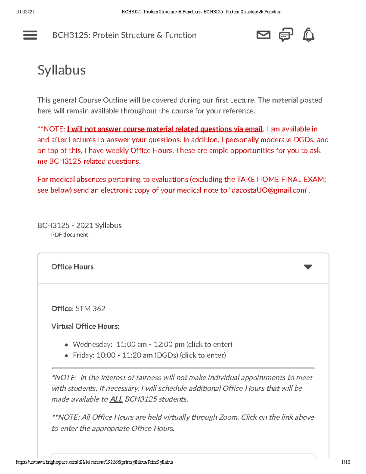 BCH3125 - Syllabus 21-01-11 1440h - Office Hours Syllabus BCH3125 ...