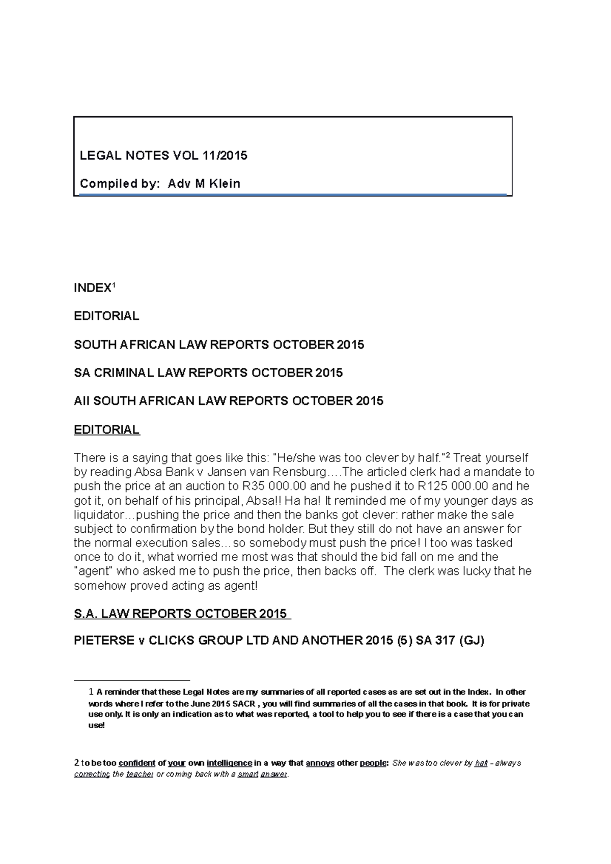 Legal notes vol 11 2015 - Case summaries - LEGAL NOTES VOL 11/ Compiled ...