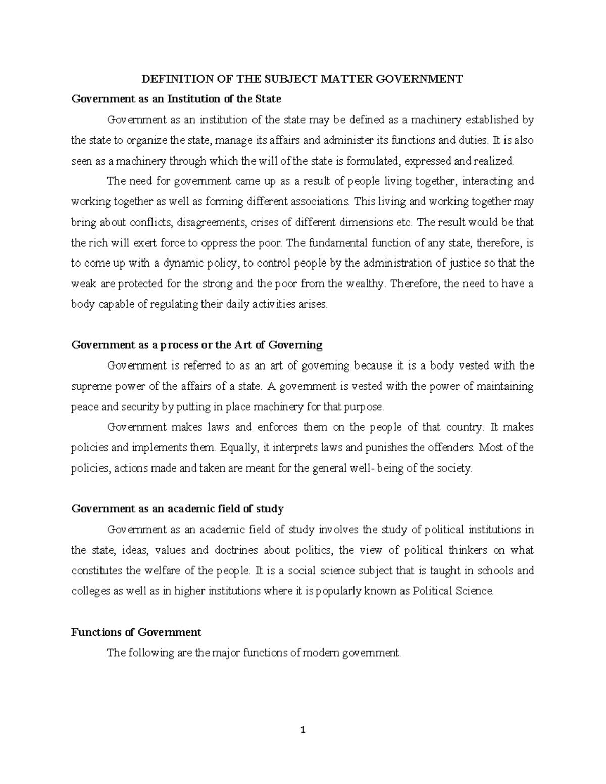 Elements OF GOVT-2 - Element of Government - DEFINITION OF THE SUBJECT ...