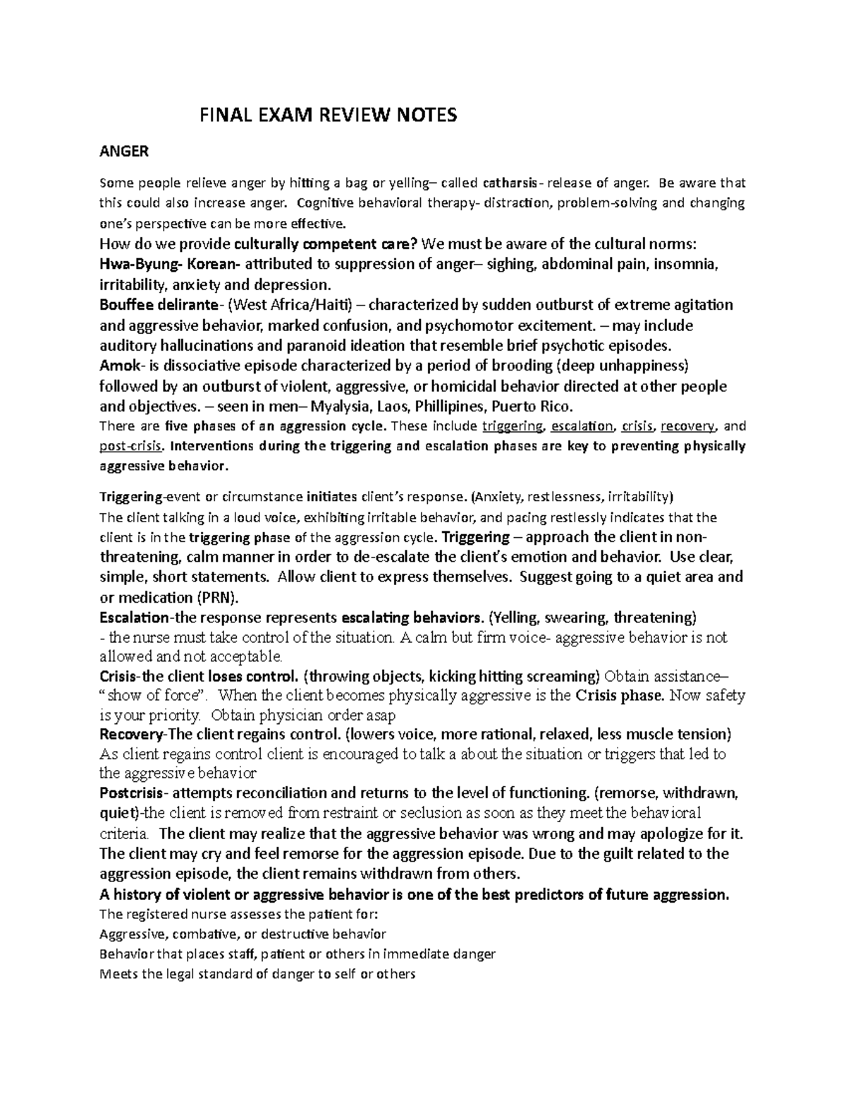 Final EXAM Review Notes - FINAL EXAM REVIEW NOTES ANGER Some people ...