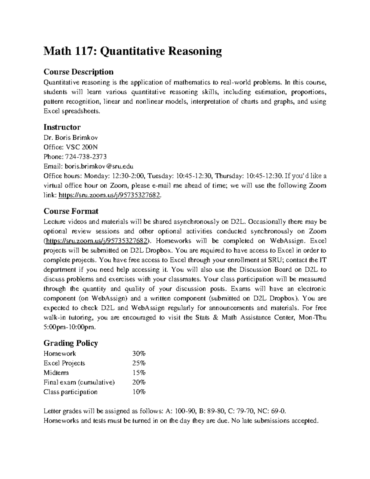 Syllabus - Basic information for course. - Math 117: Quantitative ...