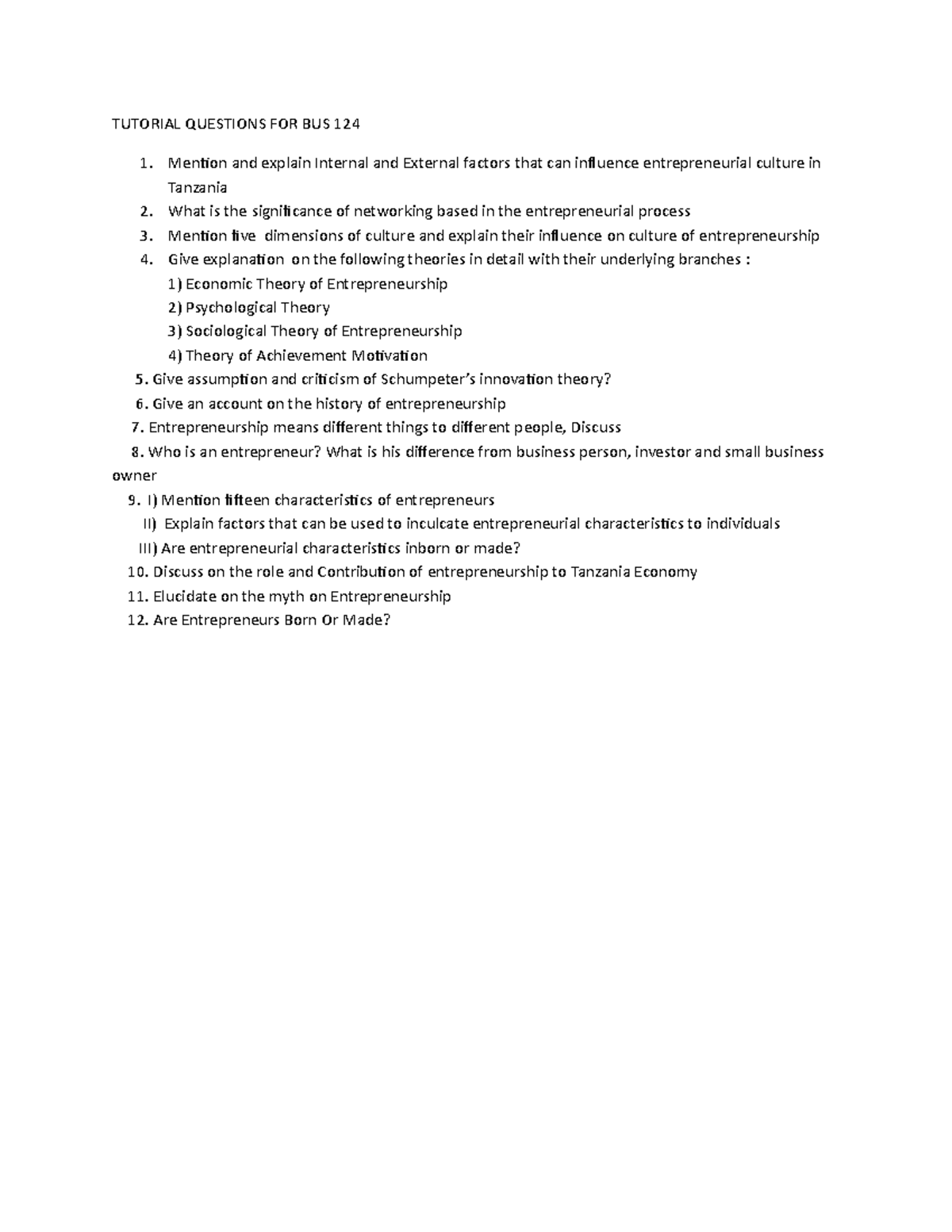 BUS 124 Tutorial Questions - TUTORIAL QUESTIONS FOR BUS 124 Mention and ...