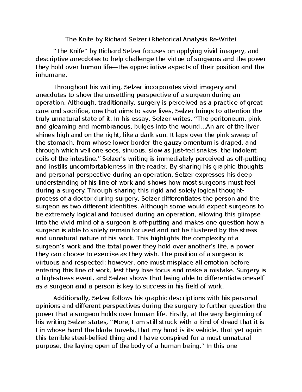 The Knife by Richard Selzer (Rhetorical Anaylsis Re-Write) - Throughout ...