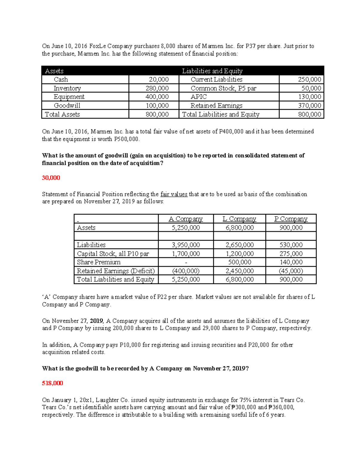 Business combination notes midterm examination - On June 10, 2016 FoxLe ...