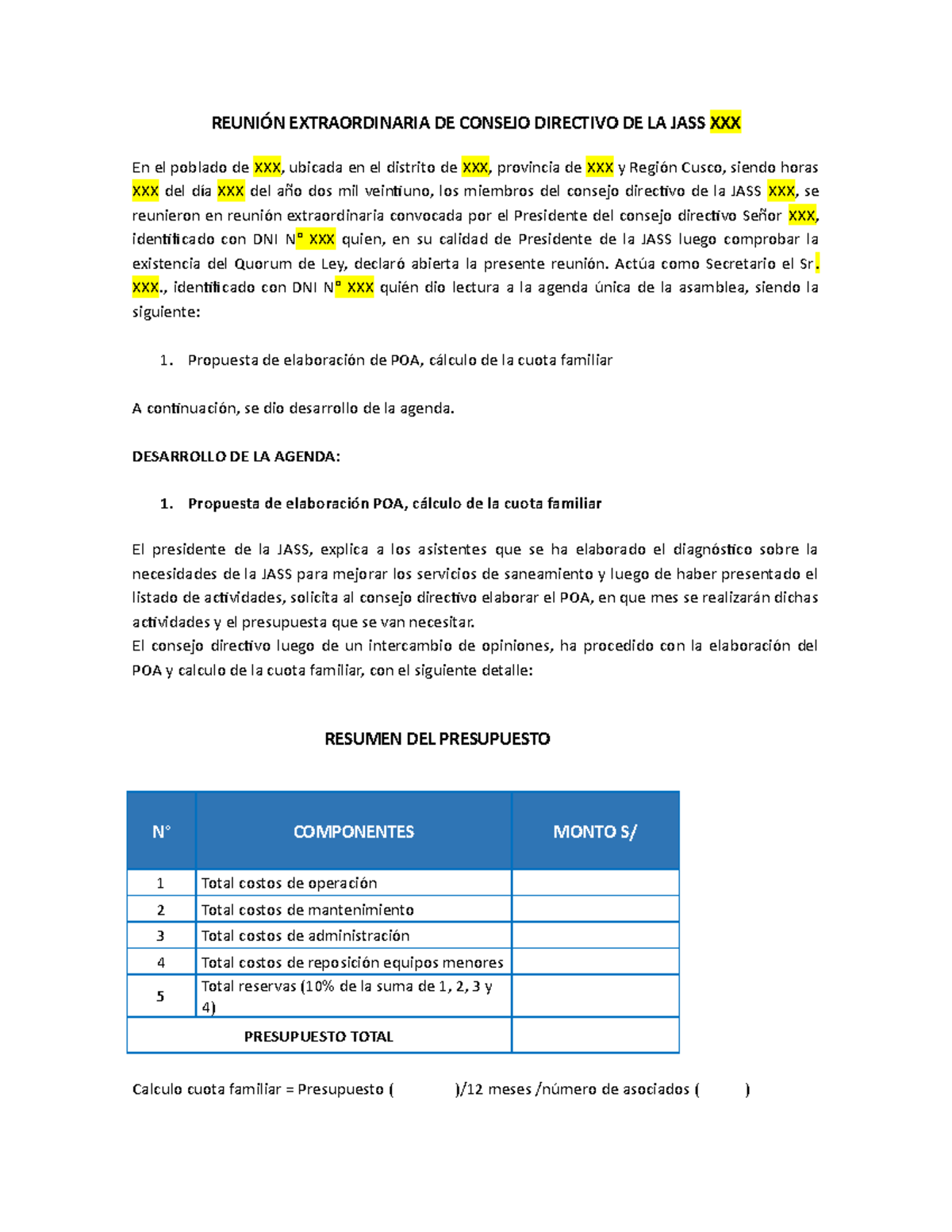 Modelo De Acta Cobro Cuota Provisional ReuniÓn Extraordinaria De